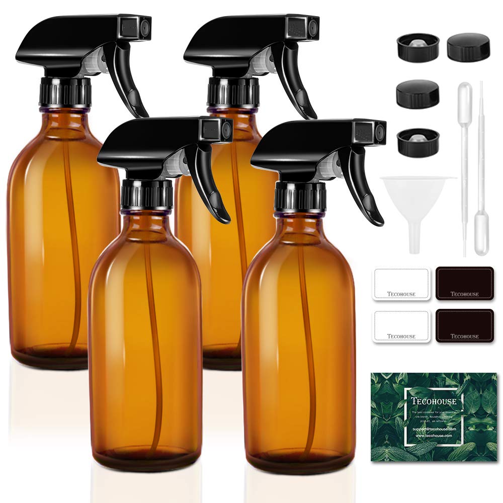 TECOHOUSE Glass Spray Bottle for Cleaning Solutions and Essential Oils, 4 oz Empty Refillable Sprayer Container with Labels, Funnel, Lids, Graduated Pipettes - Pocket Size 4 Pack (Amber)