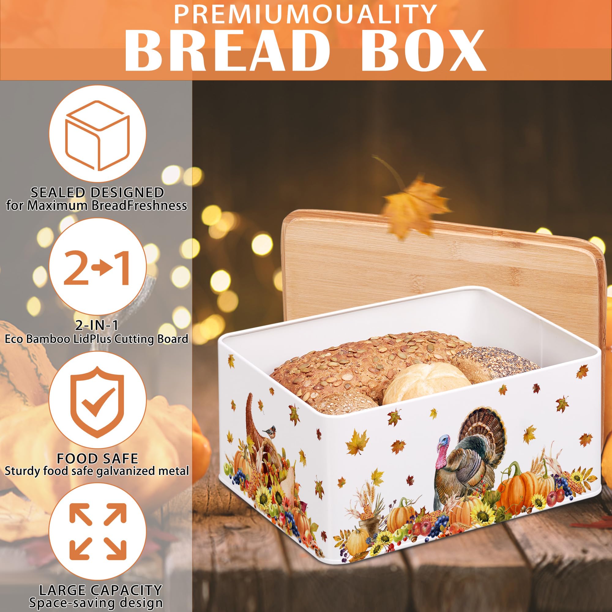 Thanksgiving Decorations, Turkey Thanksgiving Bread Box with Lid, Thanksgiving Bread Storage Kitchen Countertop Decor, Metal Farmhouse Rustic Home Bread Keeper Container Organizer 13"x8.3"x5.1"