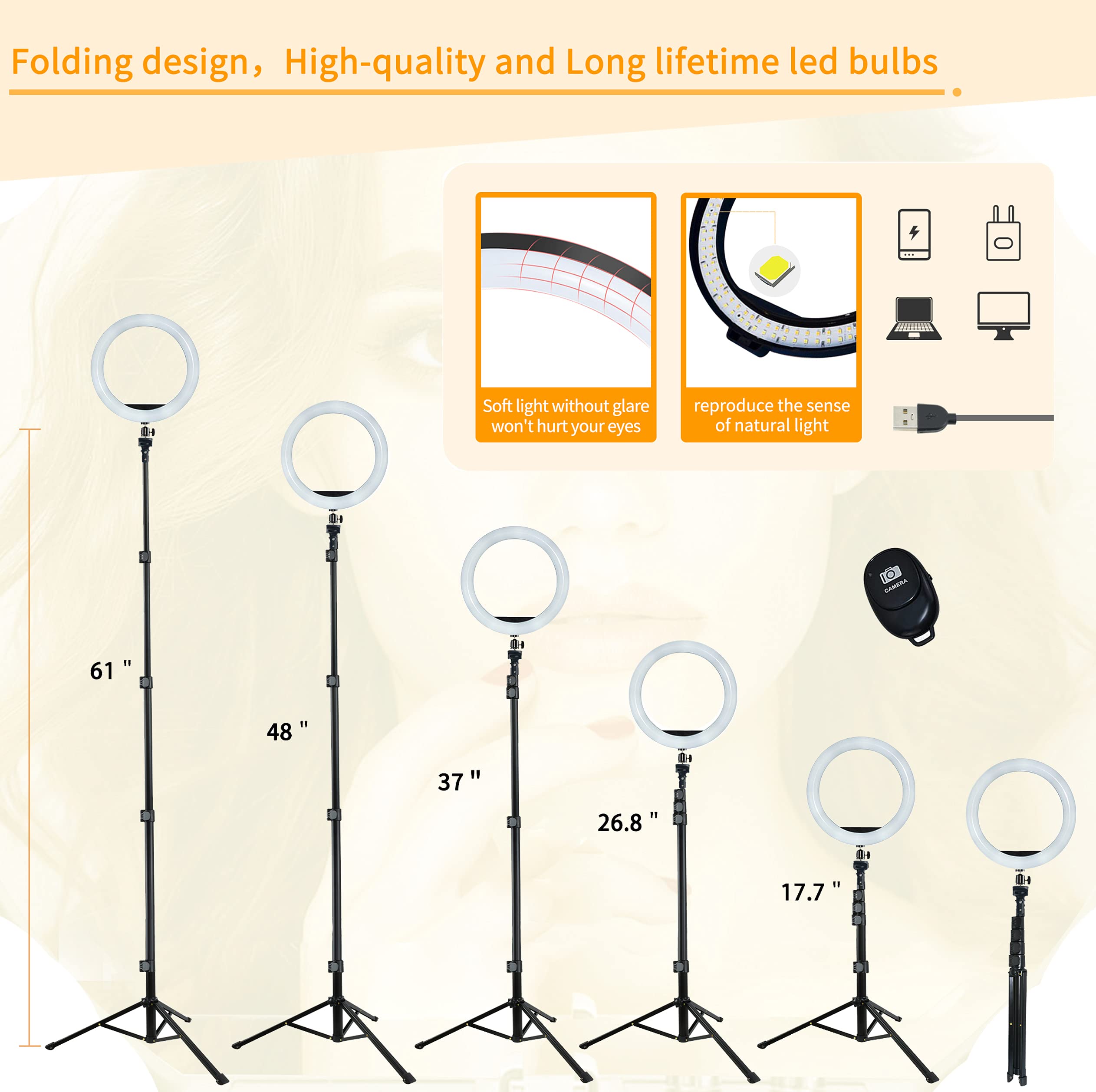 TINOSP 10" Selfie Ring Light with 61" Tripod Stand & 2 Cell Phone Holders for Zoom/Makeup, Dimmable Led Ring Light with Remote Compatible with YouTube/Live/Tiktok/Instagram, Fit for Gopro & Camera