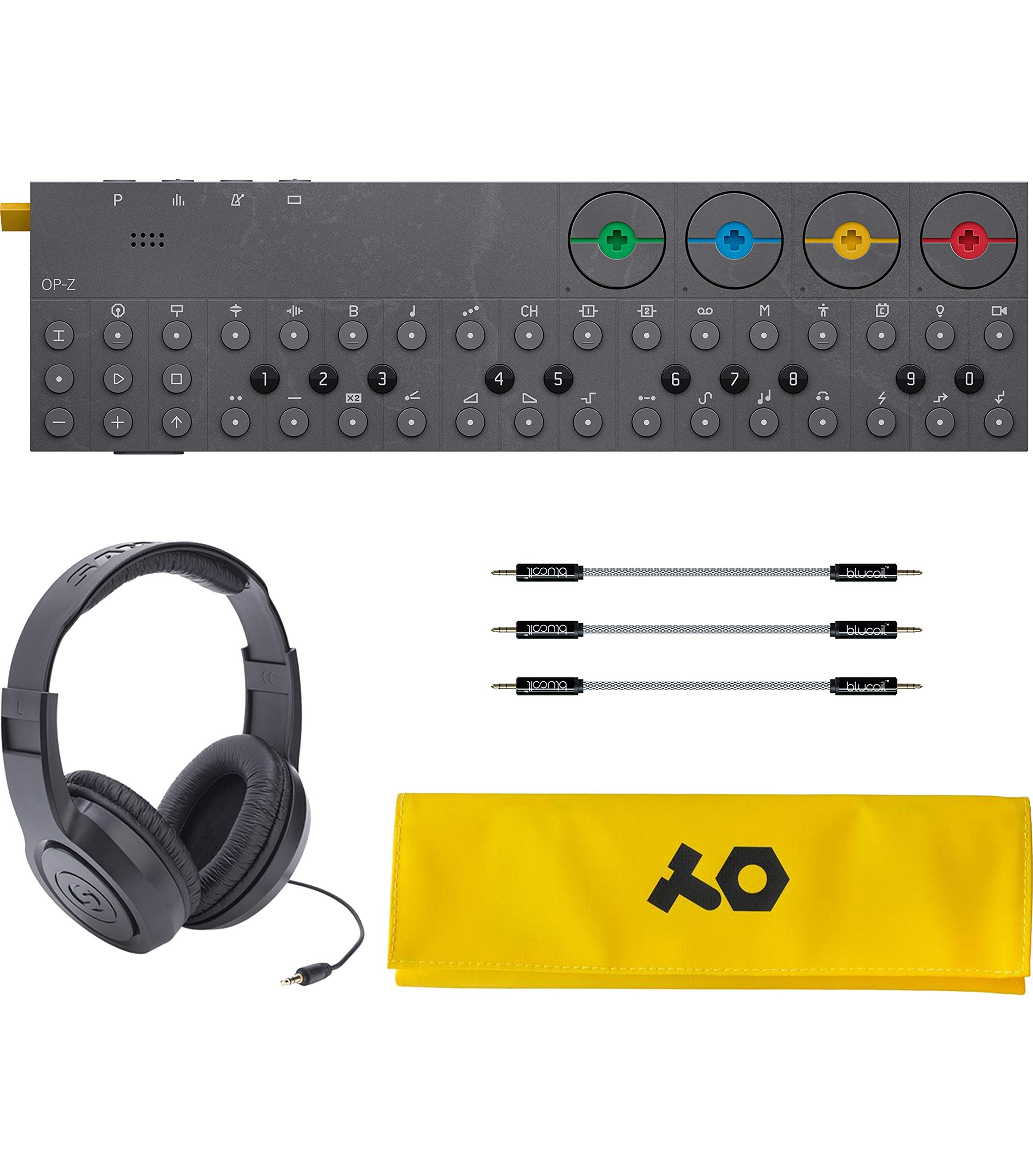 teen age engineering OP-Z Wireless Bluetooth Synthesizer Sequencer Bundle with OP-Z PVC Roll Up Bag (Yellow), Samson SR350 Over-Ear Stereo Headphones, and Blucoil 3-Pack of 7" Audio Aux Cables