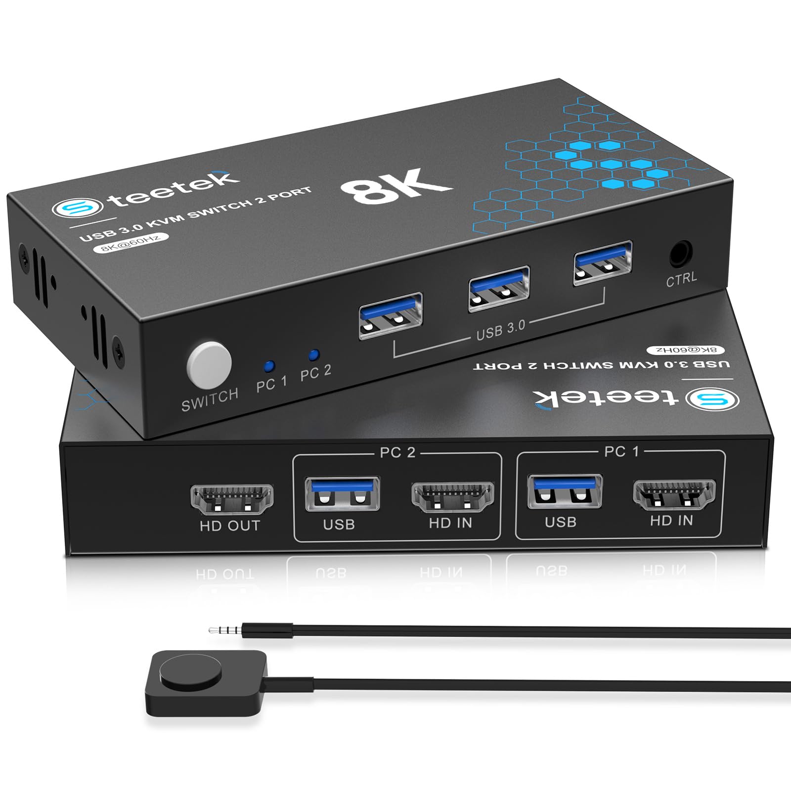Steetek 8K HDMI KVM Switch 1 Monitors 2 Computers, with 3 USB 3.0 Hub, 8K@60Hz HDMI 2 Port KVM Switch,EDID Adaptive, Plug and Play
