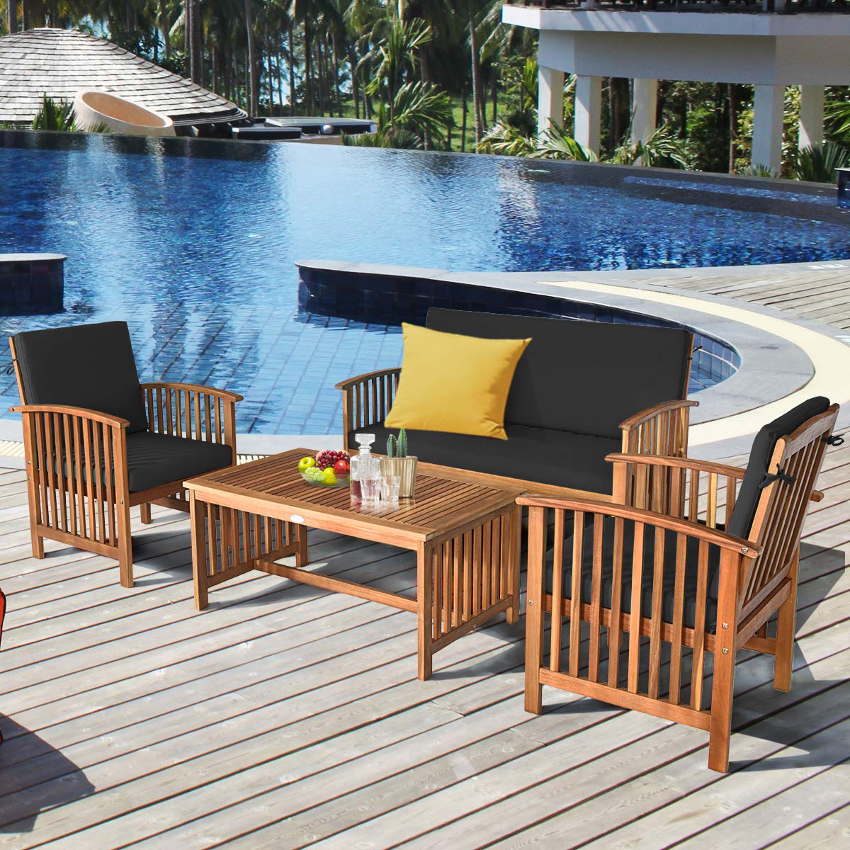 Tangkula Outdoor 4 PCS Acacia Wood Sofa Set w/Water Resistant Cushions, Padded Patio Seating Chat Set w/Coffee Table for Garden, Backyard, Poolside (1, Black)