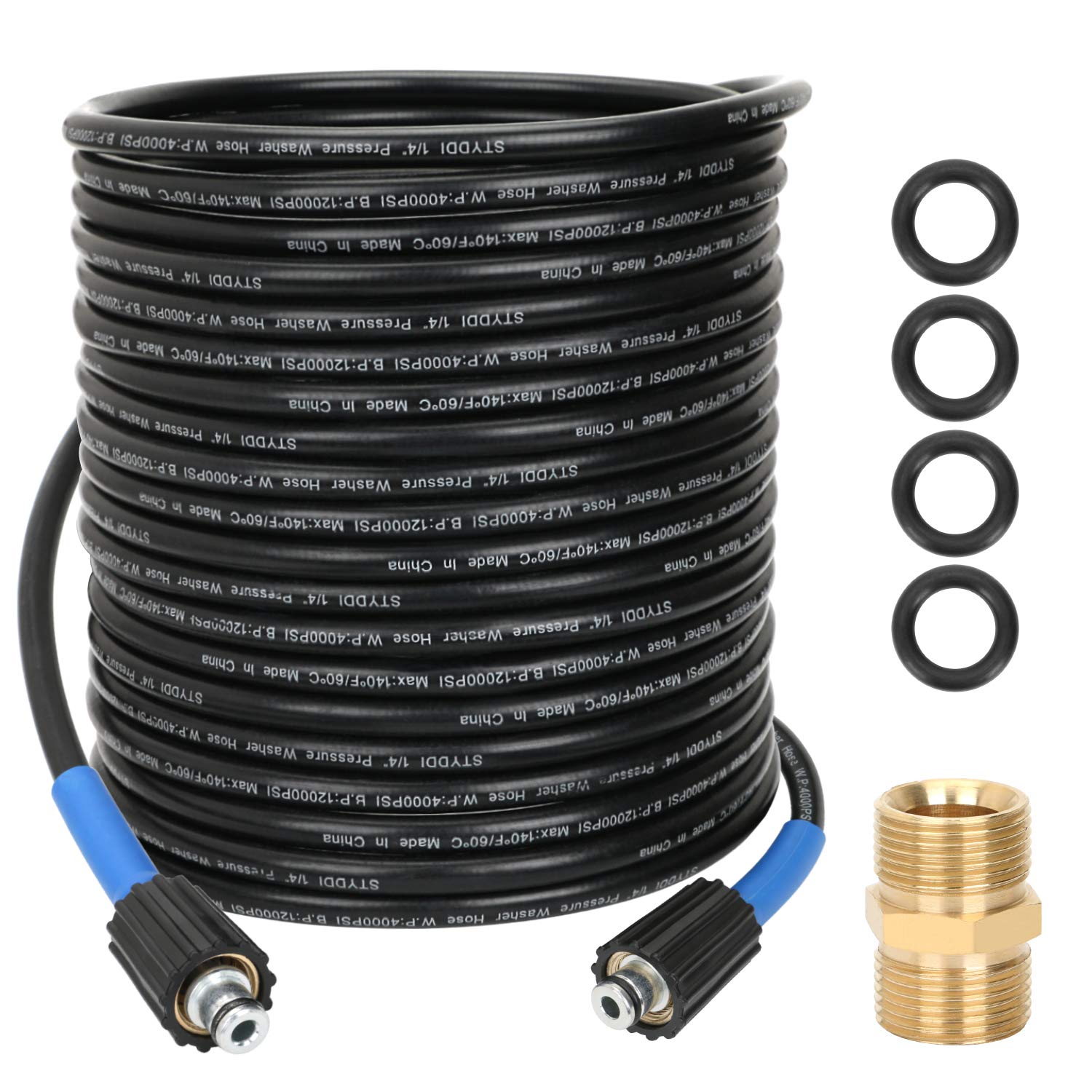 STYDDI 50 FT Pressure Washer Extension Hose with Coupler, 4000 PSI X 1/4", Double M22-15mm Brass Thread Connector for Sun Joe SPX Series, Stanley and Other Pressure Washers with M22 15mm Thread