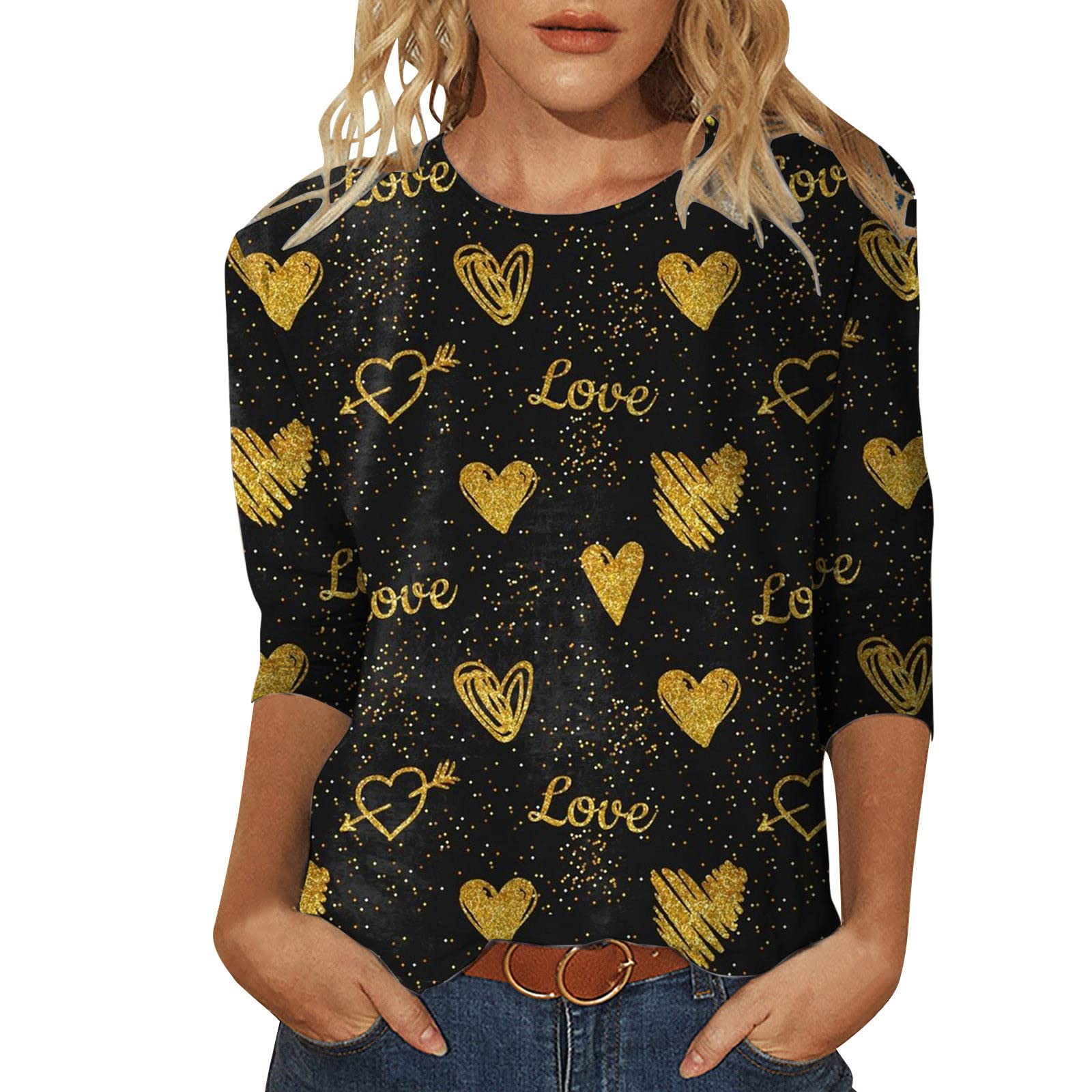 Women's T Shirt Short Sleeve Womens Daily Valentine's Day Print O Neck Tops Three Quarter Sleeve Round Neck Tee Shirt,Shopping Amazon Com