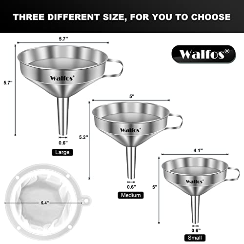 Walfos 3Pcs Kitchen Funnel with 2 Removable Strainer & 1 Cleaning Brush & 1Pc 200 Mesh Food Filter Strainer, Food Grade Stainless Steel Funnel for Transferring of Liquid, Oils, Jam, Dry Ingredients