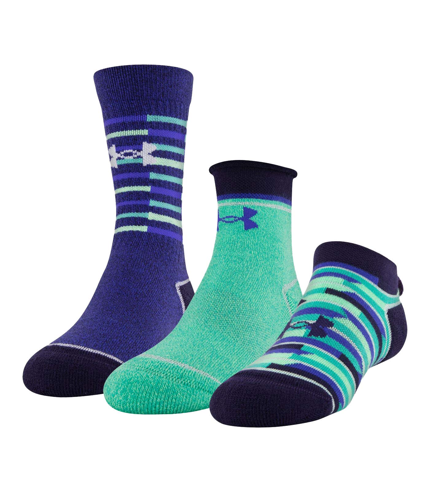 Under Armour Girl's Wardrobe Socks 3 Pack (Constellation(1319927-531)/Green Typhoon, Small)
