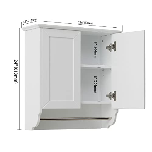 VANIRROR Wall Mounted Bathroom Cabinet with Towel Bar, 23x24x8.2 Inch Wooden Medicine Cabinet for Storage with Adjustable Shelf, MDF Material White Bathroom Wall Cabinet with Buffering Hinge