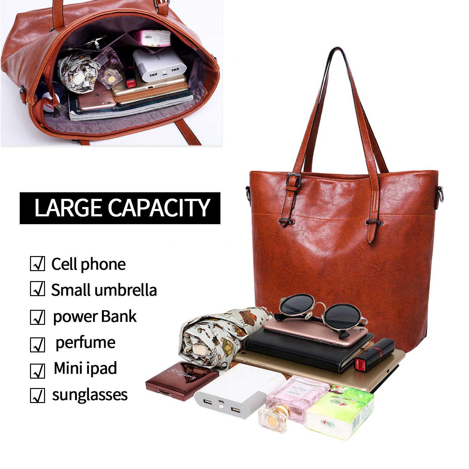 Women Vintage Handbag and Purse Leather Tote Shoulder Bag Large Satchel Top Handle Work Bag Set 4pcs