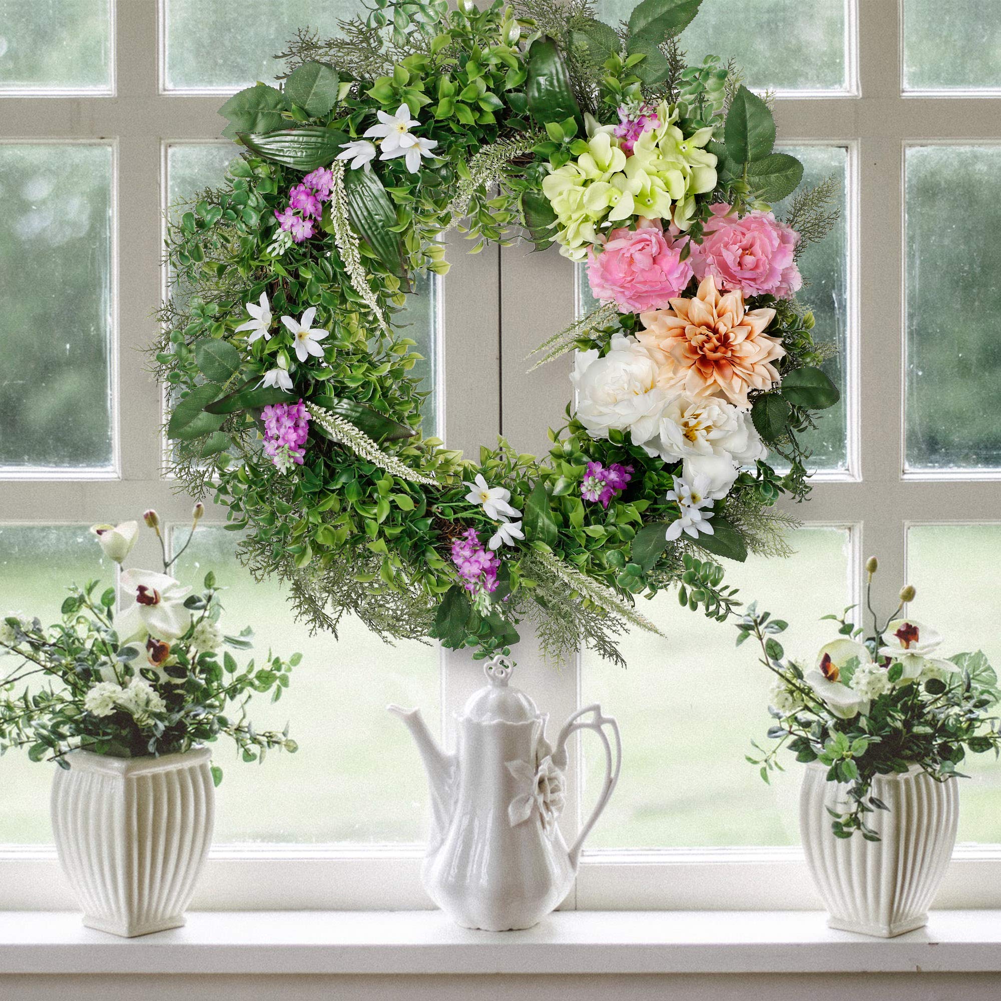 Valery Madelyn 24 inch Decorative Hydrangea Peony Flower Summer Wreath with Green Leaves, Spring Floral Wreath for Porch, Front Door, Window, Wall, Wedding, Home Decor