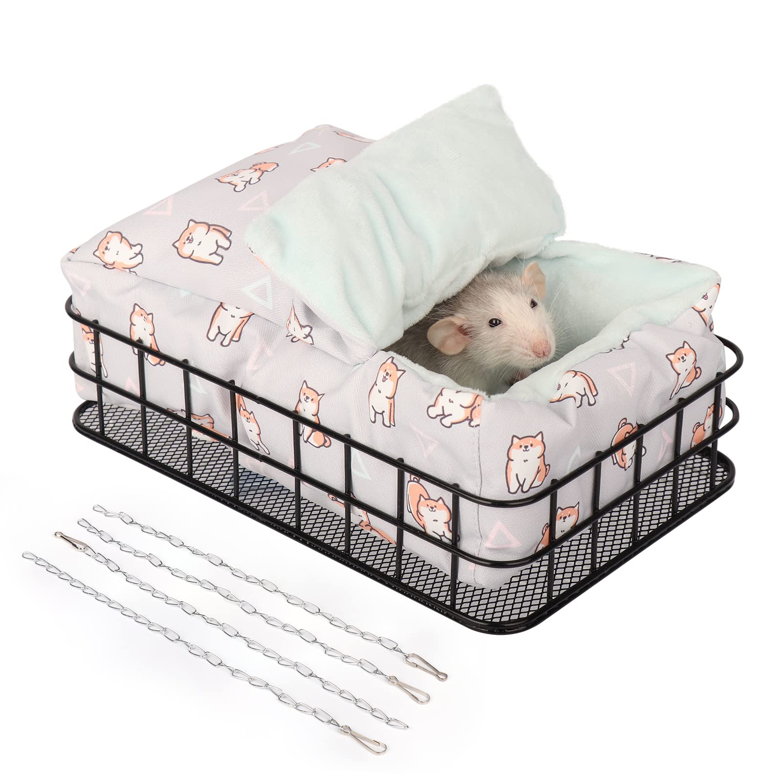 Small Animal Iron Bed Set, Rat Hanging Hammock Basket, Sugar Glider and Hamster Nest Cage Accessories Hideout for Small Pet (Black-Set)