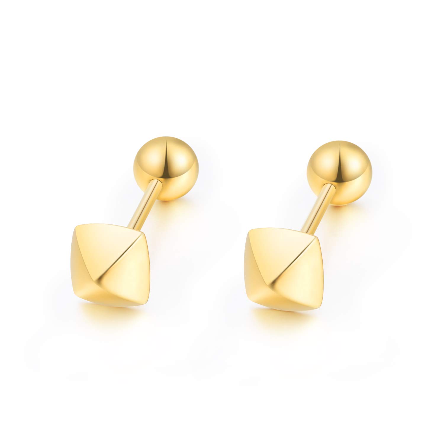 Solid 18k Gold Square Earrings for Women with Ball Screw Back, Real Yellow Gold Double Sided Stud Earrings Jewelry Gift for Her