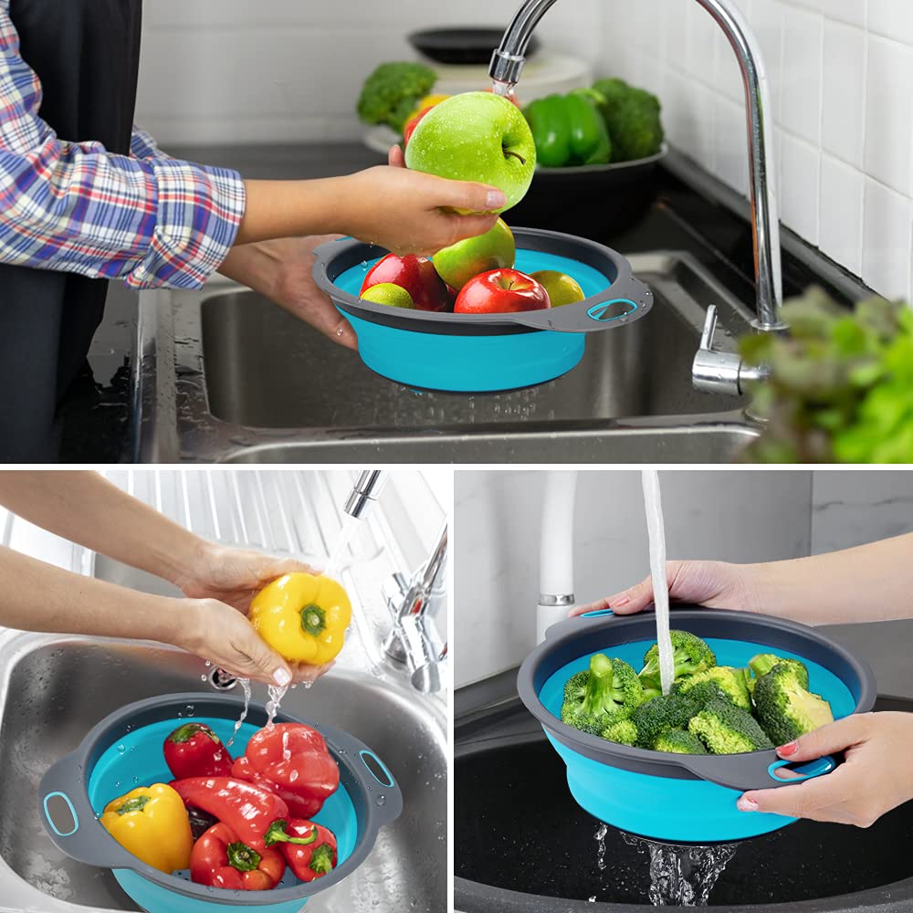zoopod Collapsible Colander Basket 2 of Set,Vegetables Fruit Washing Basket Drain Tool,Small & Big Size Silicone Telescopic Colander with Handle For Kitchen/Home/Restaurant Round Shape 3 Color(Blue)