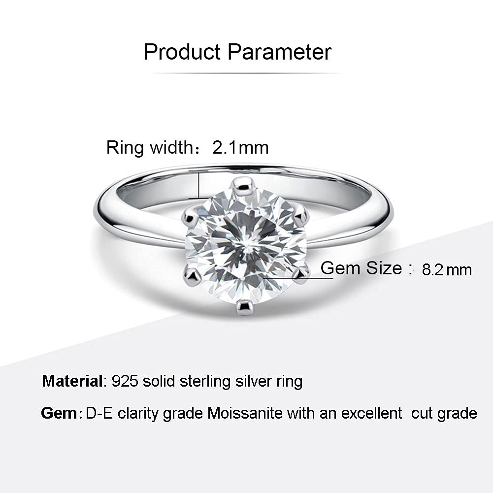 Voogueme 2.0 Carat Selection Six-Prong Solitaire Moissanite Engagement Wedding Anniversary Promise Rings in Solid Sterling Silver Ring for Women with Gift Box