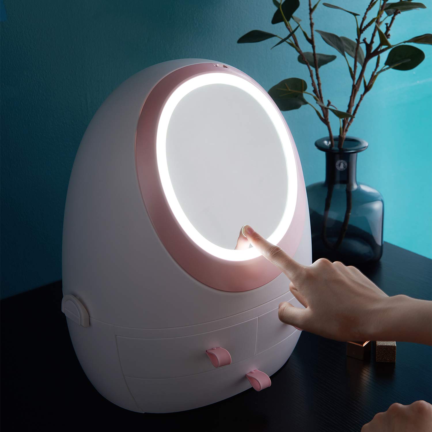 Sooyee Makeup Organizer,Bathroom Counter Organizer, Modern Jewelry and Cosmetic Display Cases with Led Lighted Mirror,Make Up Organizer Stands for Bathroom, Dresser, Vanity Countertop