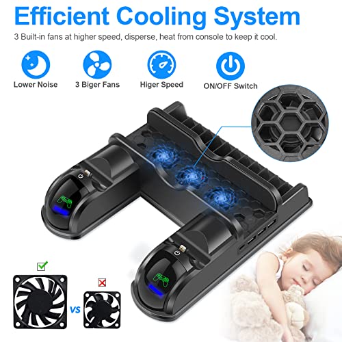 PS4 Stand Cooling Fan Station for Playstation 4/PS4 Slim/PS4 Pro, PS4 Vertical Stand with Dual Controller Port Charger Dock Station, USB Fast Charging Station with LED Indicator,12 Game Slots