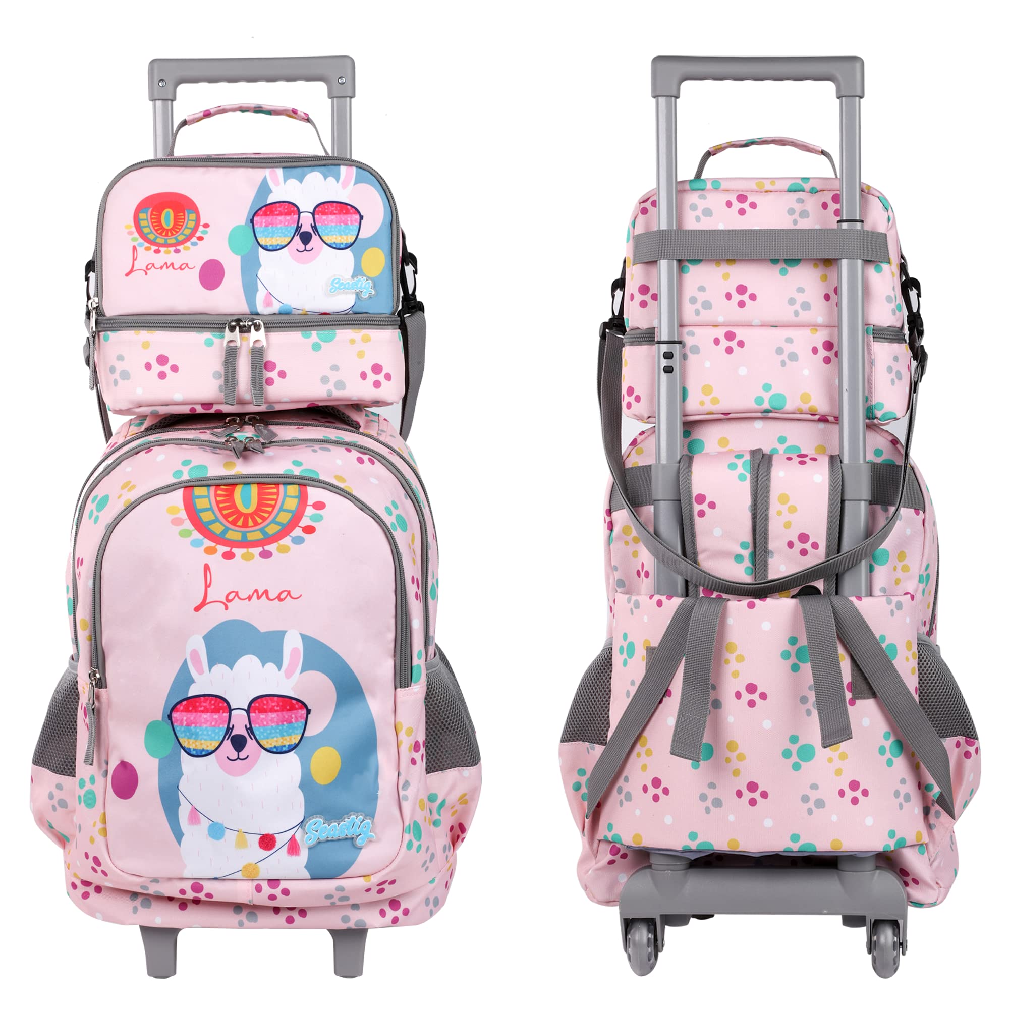 seastig Rolling Backpack 18in Double Handle Backpack Kids Wheeled Backpack Roller Backpack with Lunch Bag Set Girls Boys, Alpaca with Sunglasses