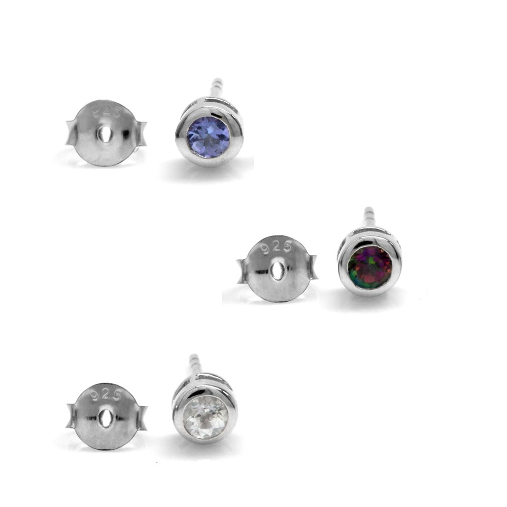 Silvershake 3 Pair 3mm Extra Petite Genuine Tanzanite and Mystic Fire Topaz 925 Sterling Silver Stud Earrings Set