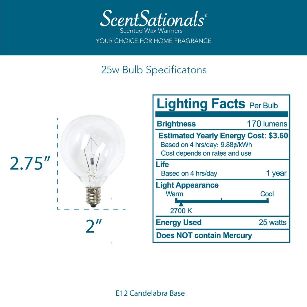 ScentSationals 25 Watt Wax Warmer Light Bulb - 25 Watt Light Bulbs for Wax Warmers, Wax Warmer Light Bulb Replacement - Style G50 Bulbs for Full Size Wax Warmers - Pack of 2 Wax Warmer Bulbs, Clear