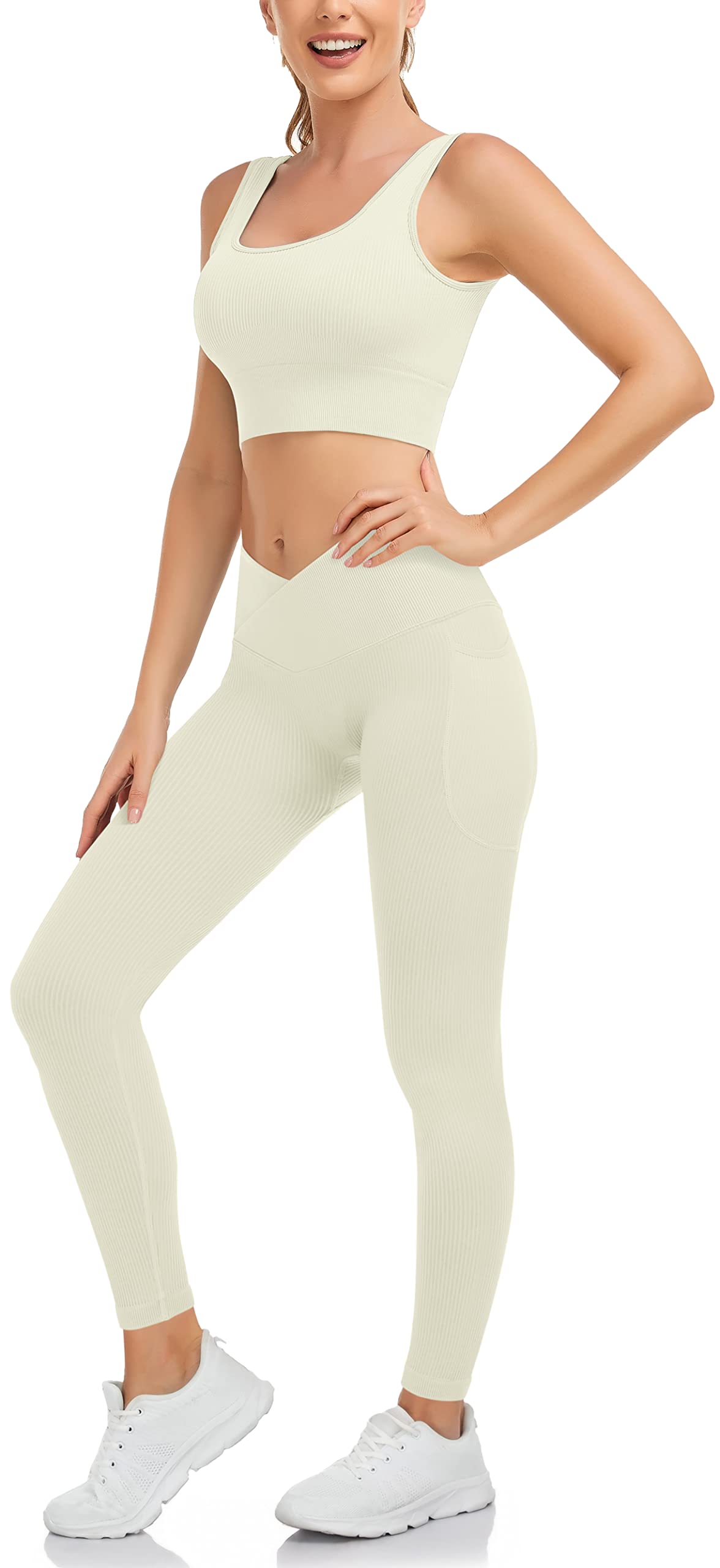 Women's Yoga Workout Seamless Sets with Ribbed,2 Piece Set with Ribbed Scooped Neckline Top