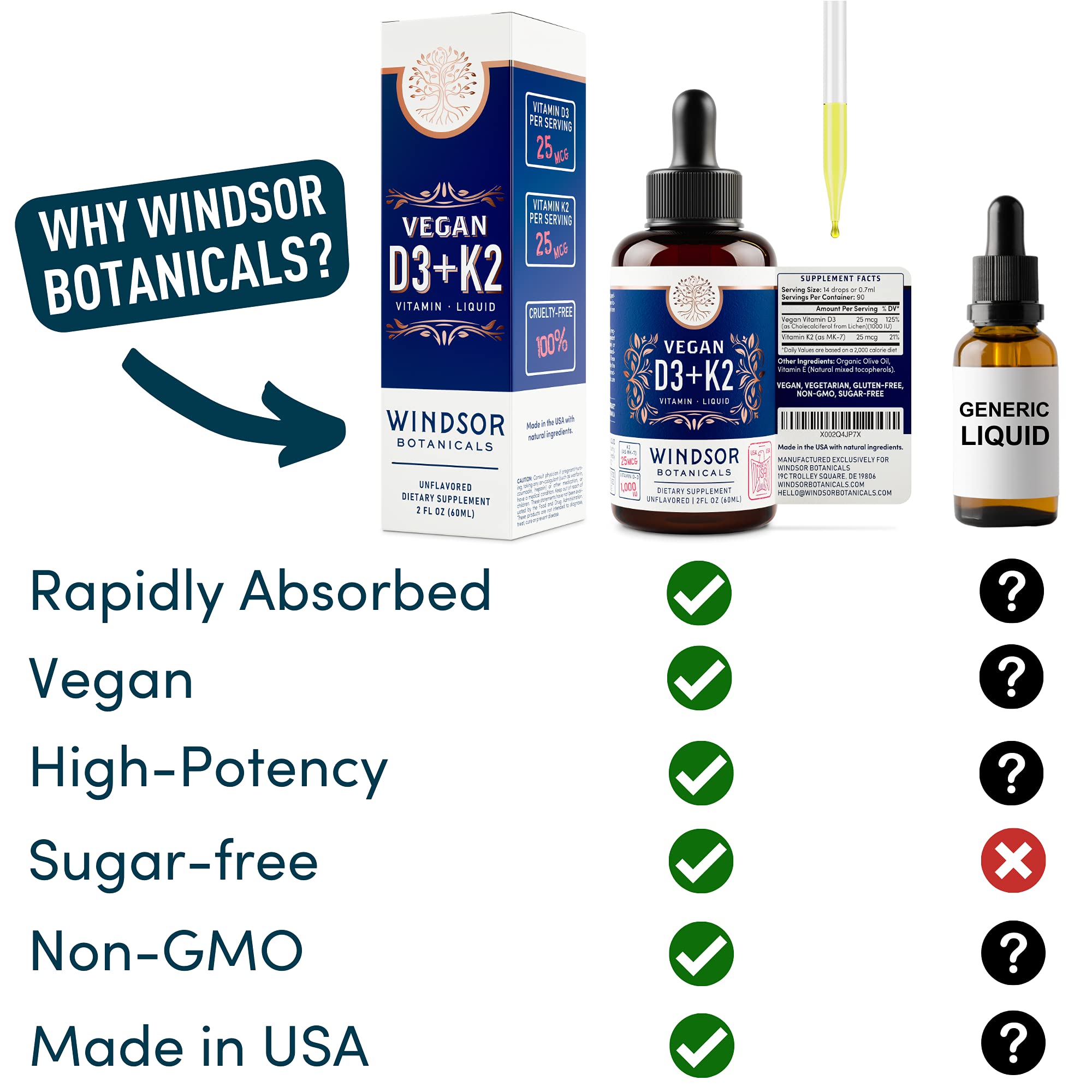 WINDSOR BOTANICALS Vitamin D3 K2 Vegan Liquid - Heart, Immune Function, and Brain Support Supplement - D3 1,000iu, K2 MK-7 25mcg Cruelty-Free Organic Olive Oil Drops - Unflavored - 90 Servings - 2oz