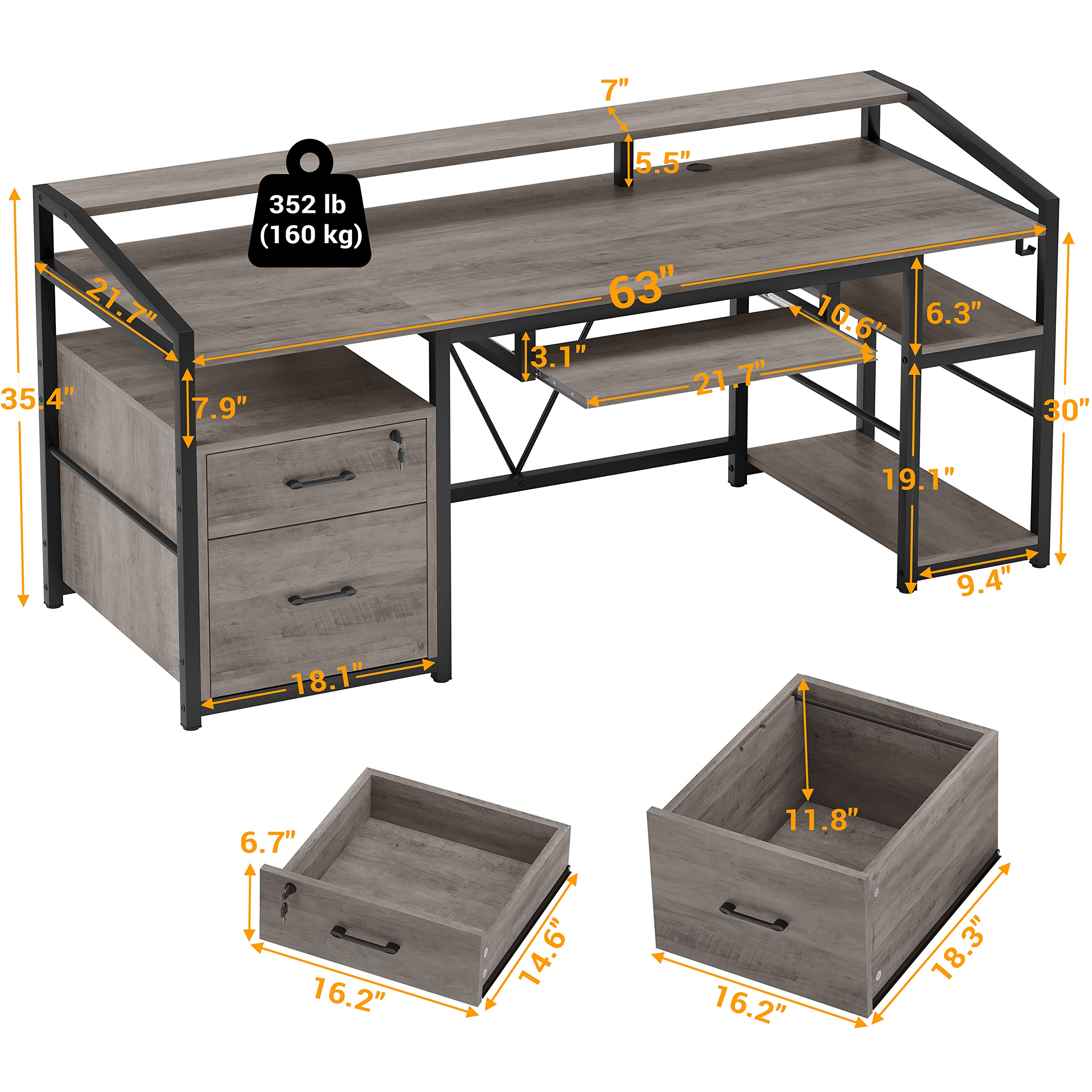 SEDETA Computer Desk, Desk with Lock Drawers for Legal, Letter File, Gaming Desk with LED Light & Power Outlets, Office Desks for Printer, Grey