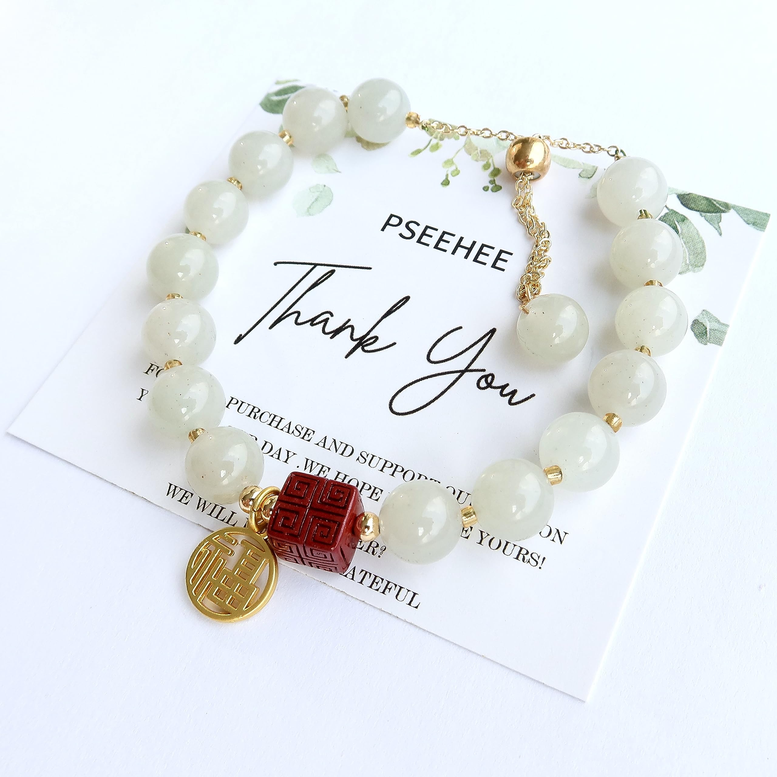 PSEEHEE Handmade Genuine Jade Lucky Fu Charm Bracelet, Feng-shui Stone Chakra Healing Gemstone Crystal Beads Adjustable Bangle Cuff Jewelry Gift for Men Women