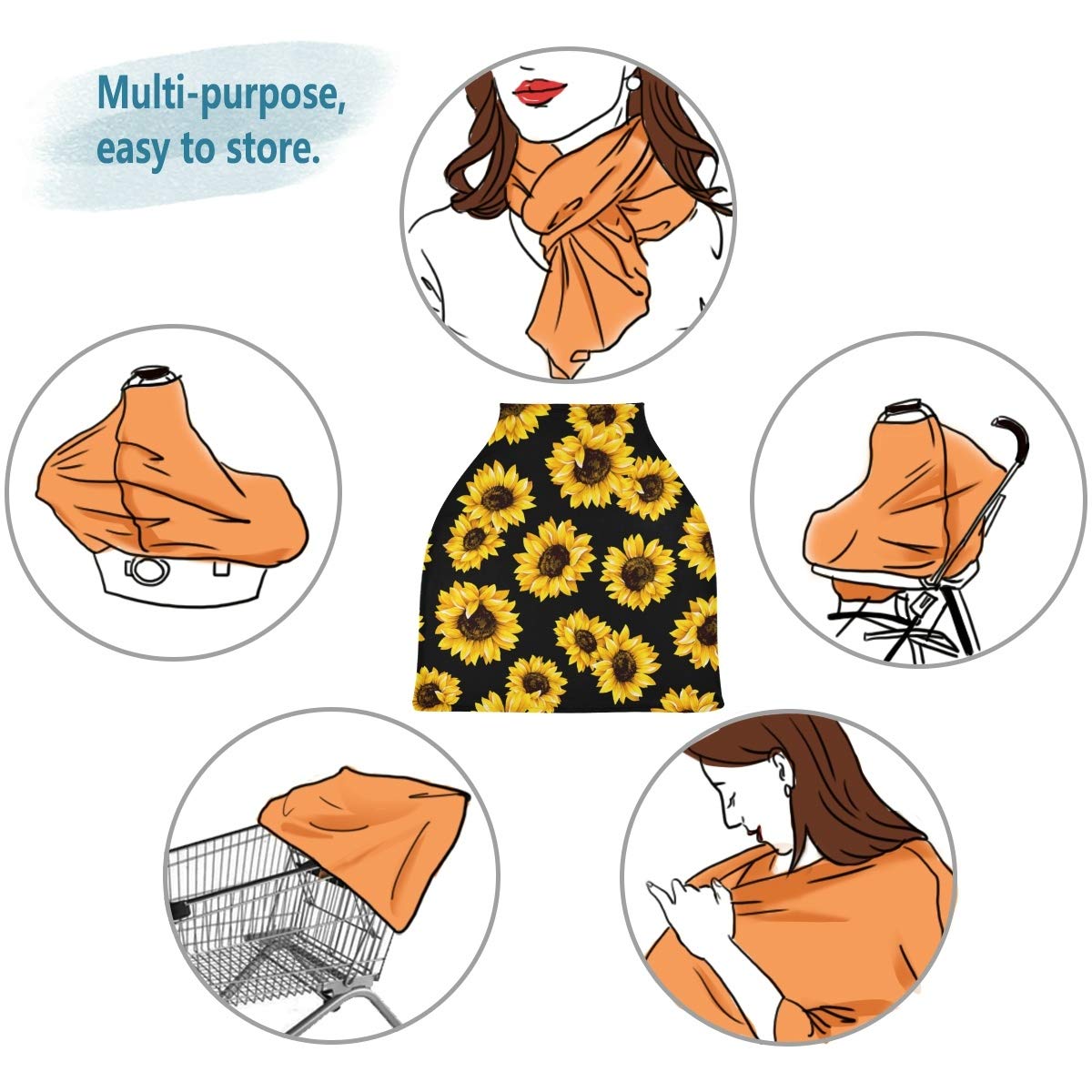Sunflower Baby Car Seat Covers, Carseat Canopy Cover Nursing Cover Breastfeeding Scarf for Babies Stretchy Coverage, Infant Stroller Covers for Boys Girls
