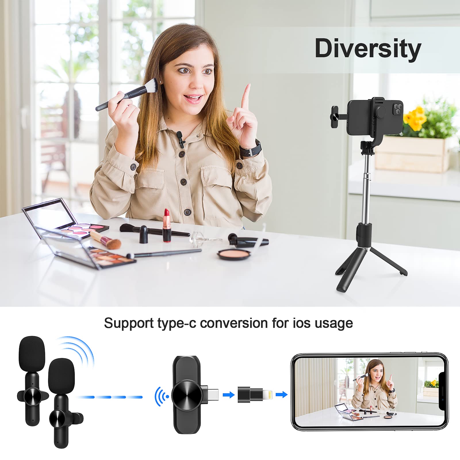 YAIUZGOO Wireless Lavalier Microphone for iPhone/Typc-c, 3 Level Noise Reduction Plug and Play, Auto-Sync, Mini Lapel Mic YouTube FB Live Stream TikTok/Vlog Video Recording