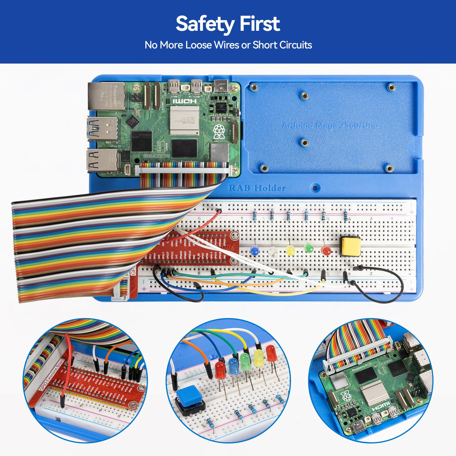 SunFounder RAB Holder Breadboard Kit for Raspberry Pi Compatible with Arduino Uno R4 Minima/WiFi/Uno R3/Mega R3, Raspberry Pi 5 4B 3B+ 3B 2 Model B and 400 830 Points Breadboard