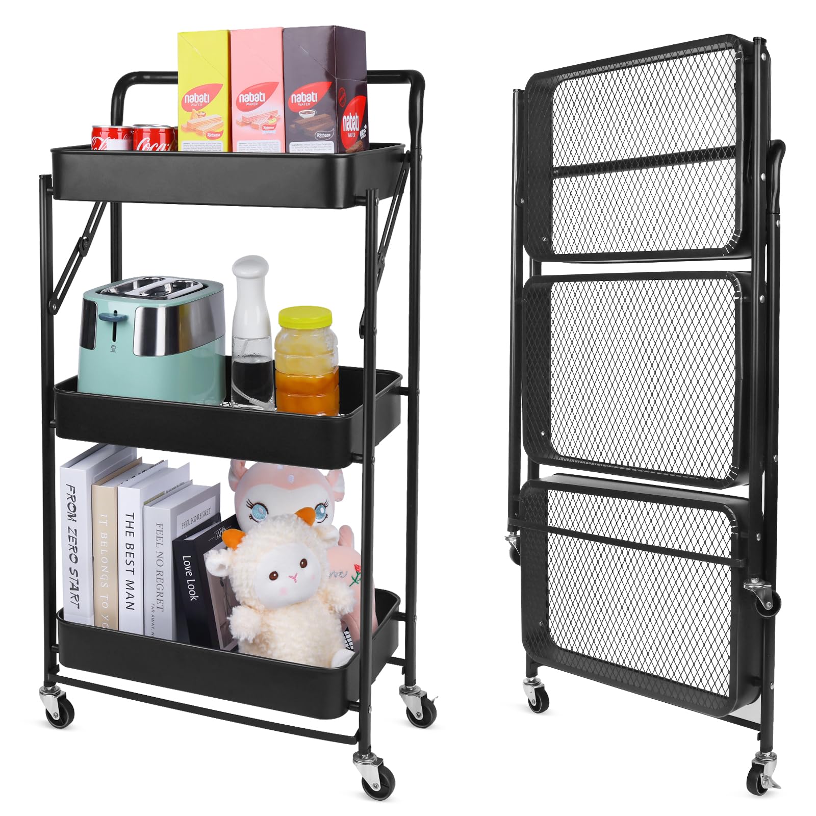 SAglorb 3 Tier Foldable Metal Utility Cart Organizer with Wheels, Folding Rolling Cart Collapsible Rolling Storage Cart for Laundry Room, Office, Kitchen (Black)