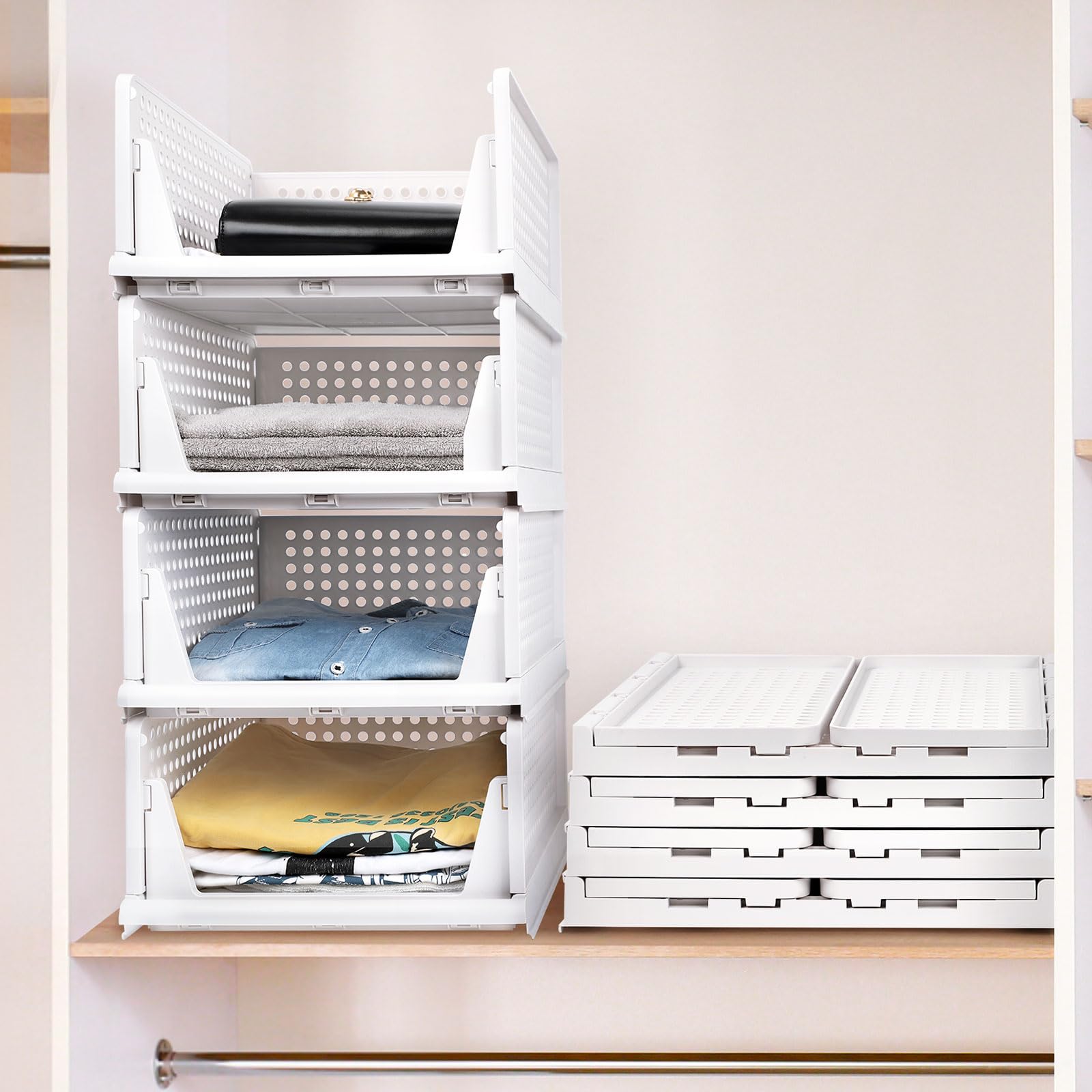 SEHERTIWY Stackable Closet Storage Baskets, 4 Packs Plastic Closet Organizers and Storage Containers Bins, Foldable Closet Shelf Drawers for Wardrobe Cupboard Kitchen Bathroom Office