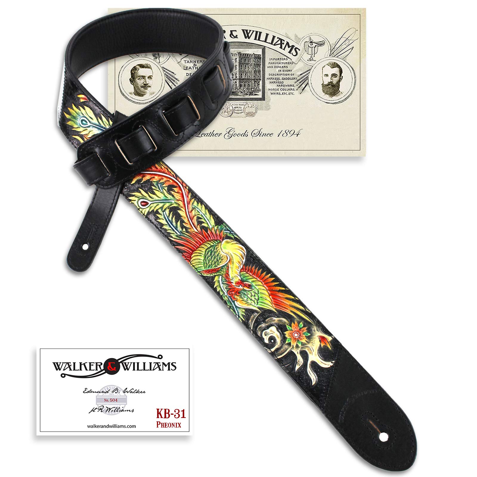Walker And Williams KB-31 Skinny Series 2" Wide Flat Black Premium Grain Leather Padded Guitar Strap With Hand Tooled Red And Gold Phoenix Design