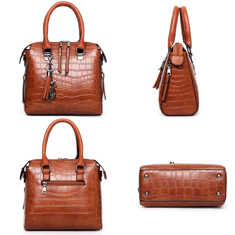 Women Handbag and Purse 4pcs Wax PU Tote Set Shoulder Top Handle Bag Satchel Clutch Card Holder wtih Tassel Brown