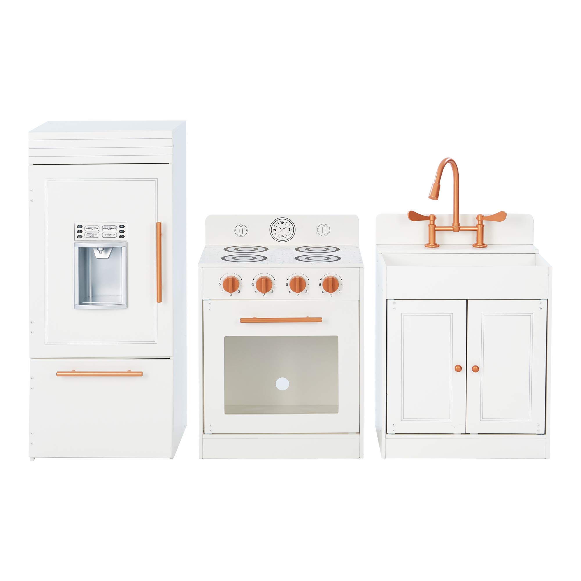Teamson Kids Little Chef Paris Modular Contemporary Interactive Wooden Play Kitchen with Refrigerator, Oven, Sink, and Storage Space for Easy Clean Up, White with Rose Gold Finishes