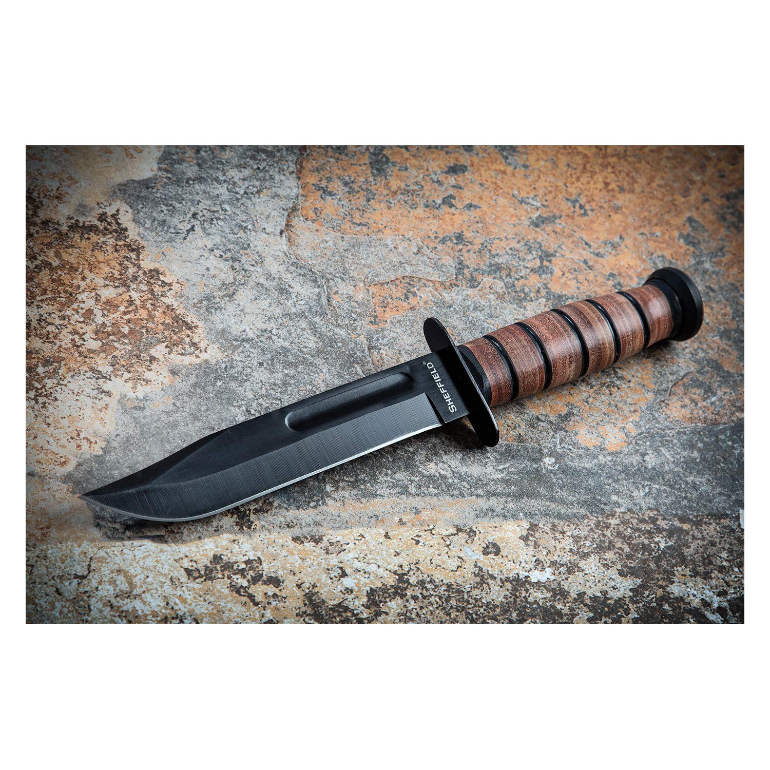 Sheffield 12693 Military Gear Fixed Blade Knife, 7 Inch Clip Point Full Tang Knife, 5 Inch Stacked Leather Handle, Fixed Blade Knife with Sheath
