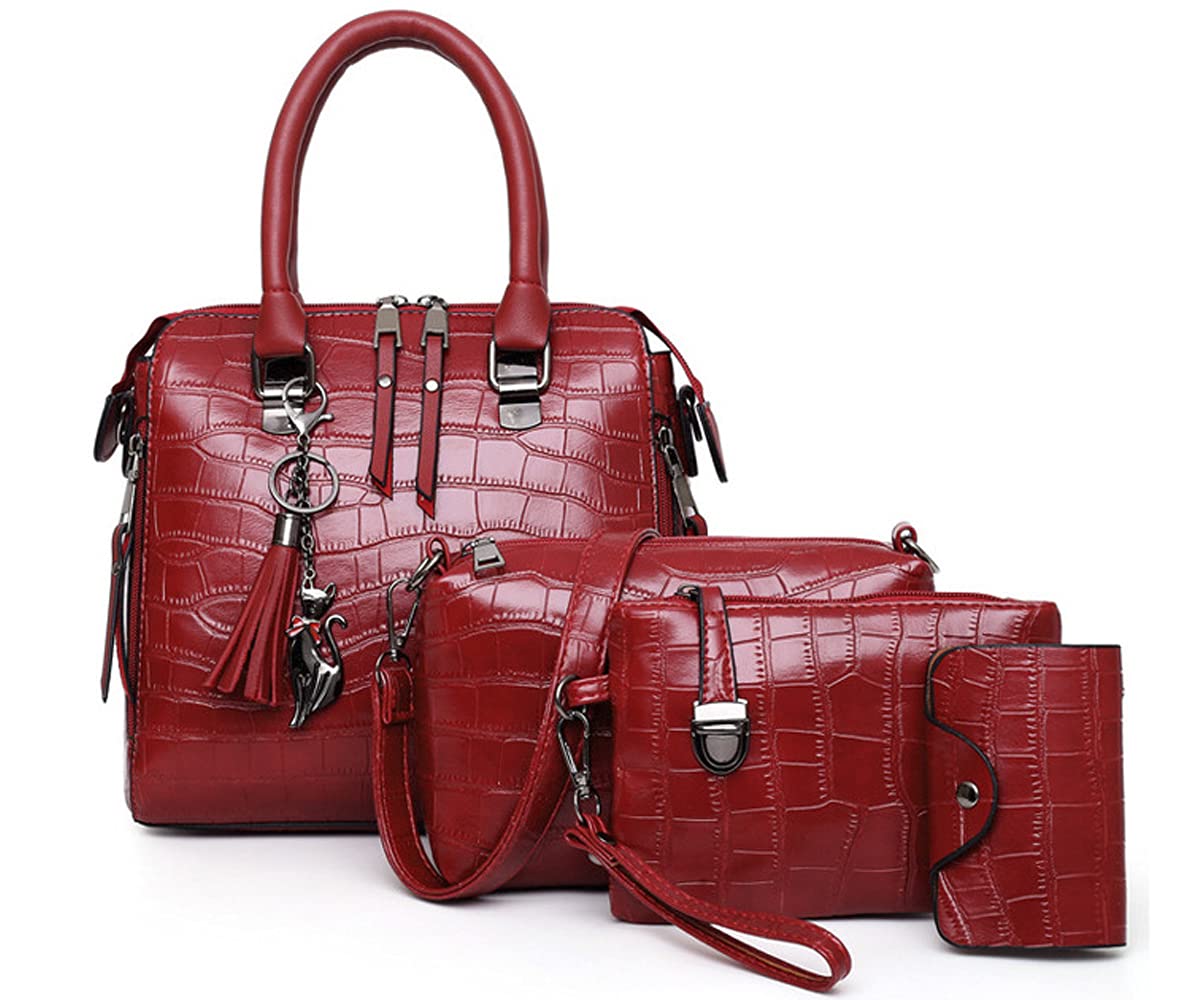 Women Handbag PU Leather Top Handle Satchel Shoulder Bags Messenger Tote Bag for Ladies 4 Pcs Set-Red