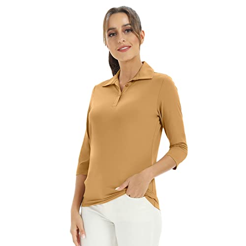 Women's Golf Polo Shirts 3/4 Sleeve Blouses Moisture Wicking Golf Apparel Lady Golf Tops (Bone brown L)