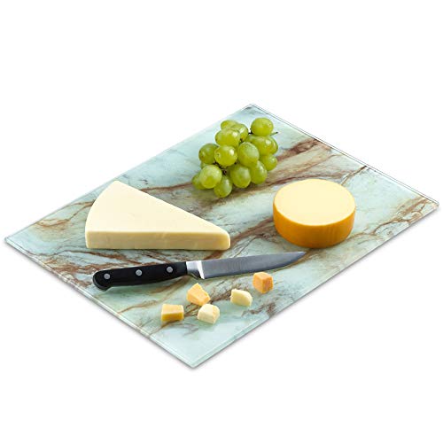 Tempered Glass Marble Pattern Cutting Board 16 x 20 Inch - Scratch, Heat, Shatter Resistant, Dishwasher Safe – Decorative Tray (White & Brown Marble)