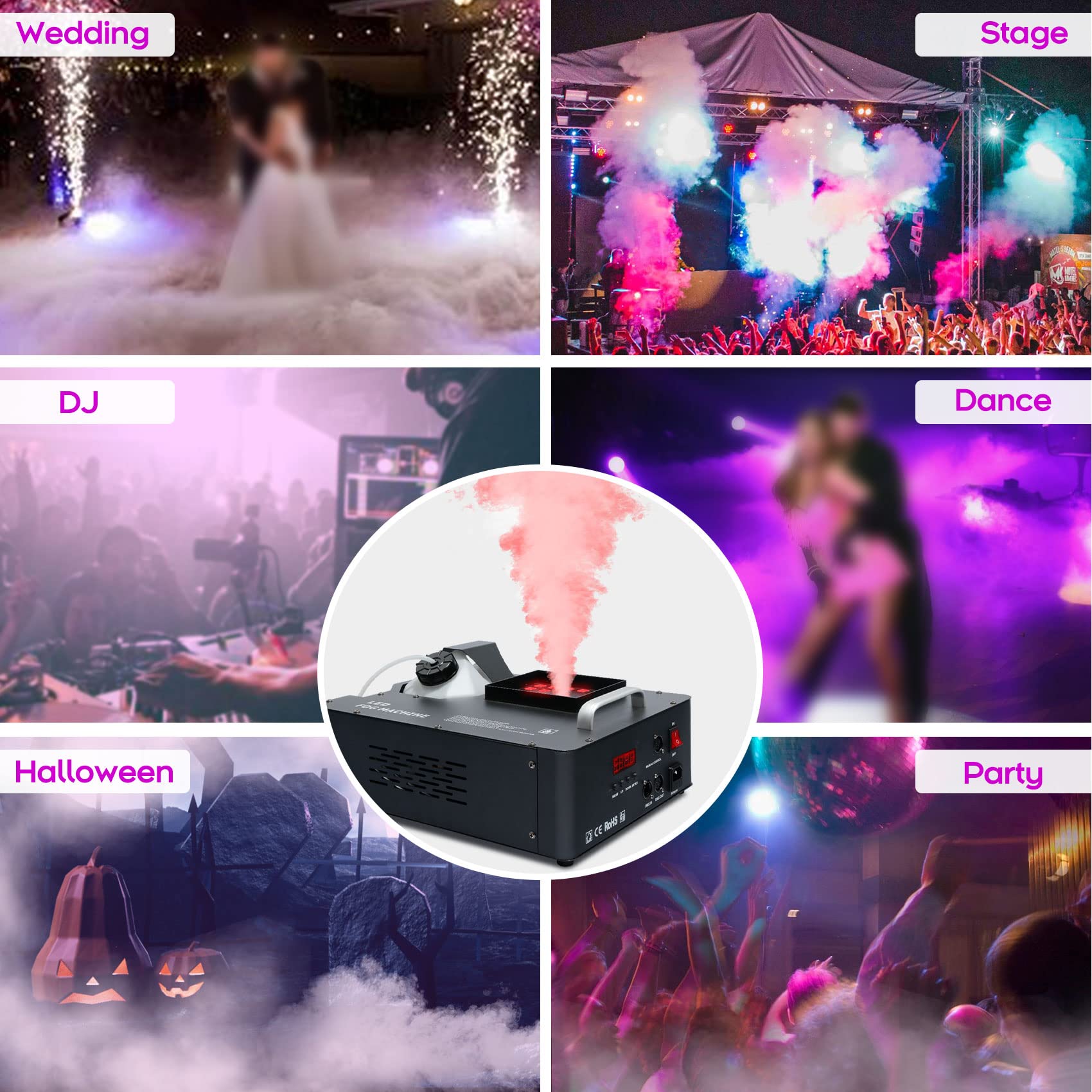 Tengchang Fog Machine for Halloween, 1500W DMX RGB 3 in1 24 LED Smoke Machine Stage Lighting Vertical Spray W/Remote