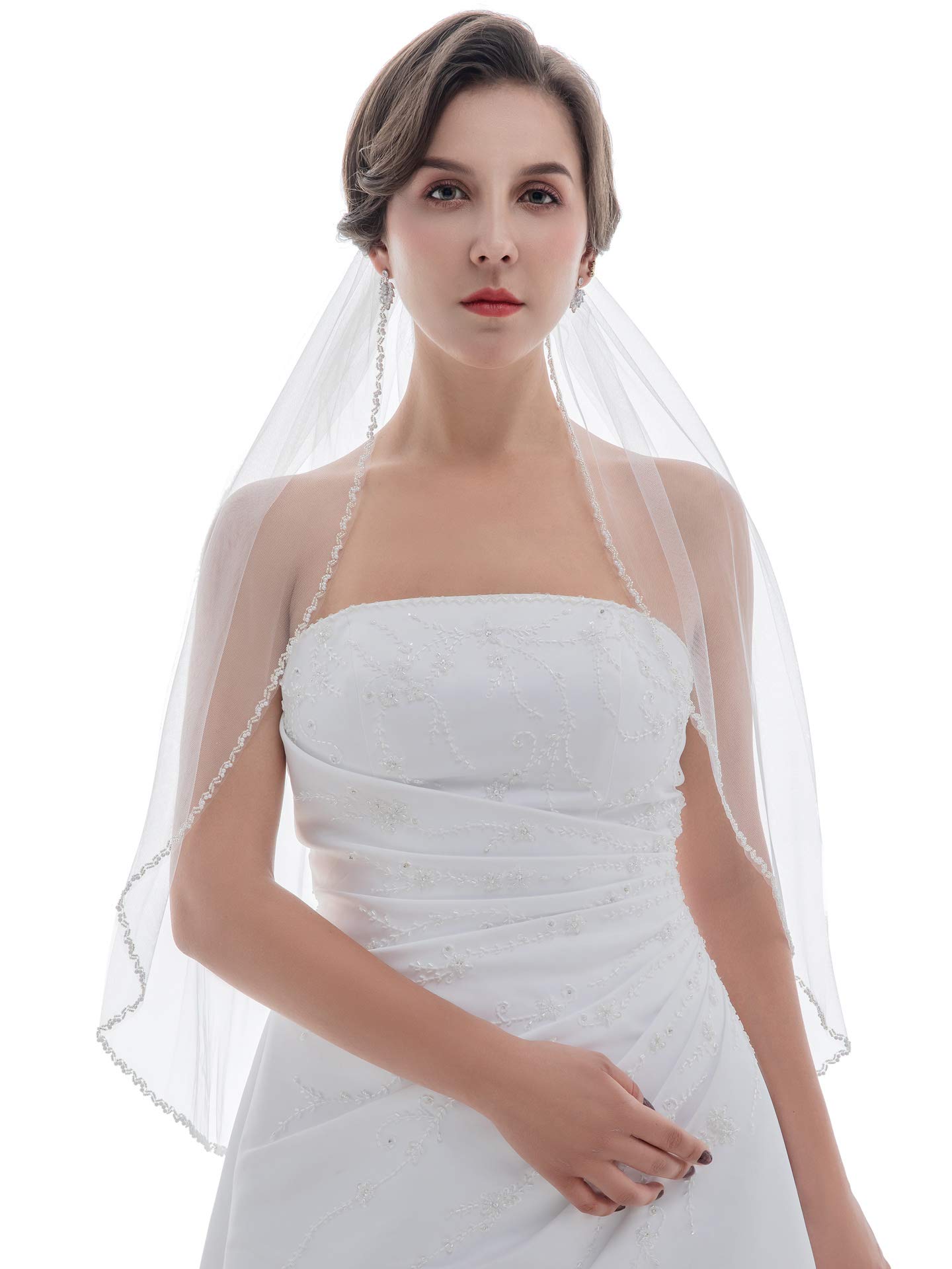 SAMKY 1T 1 Tier Double Row Wavy Pearl Crystal Edge Veil - Light Ivory Fingertip 36" V489