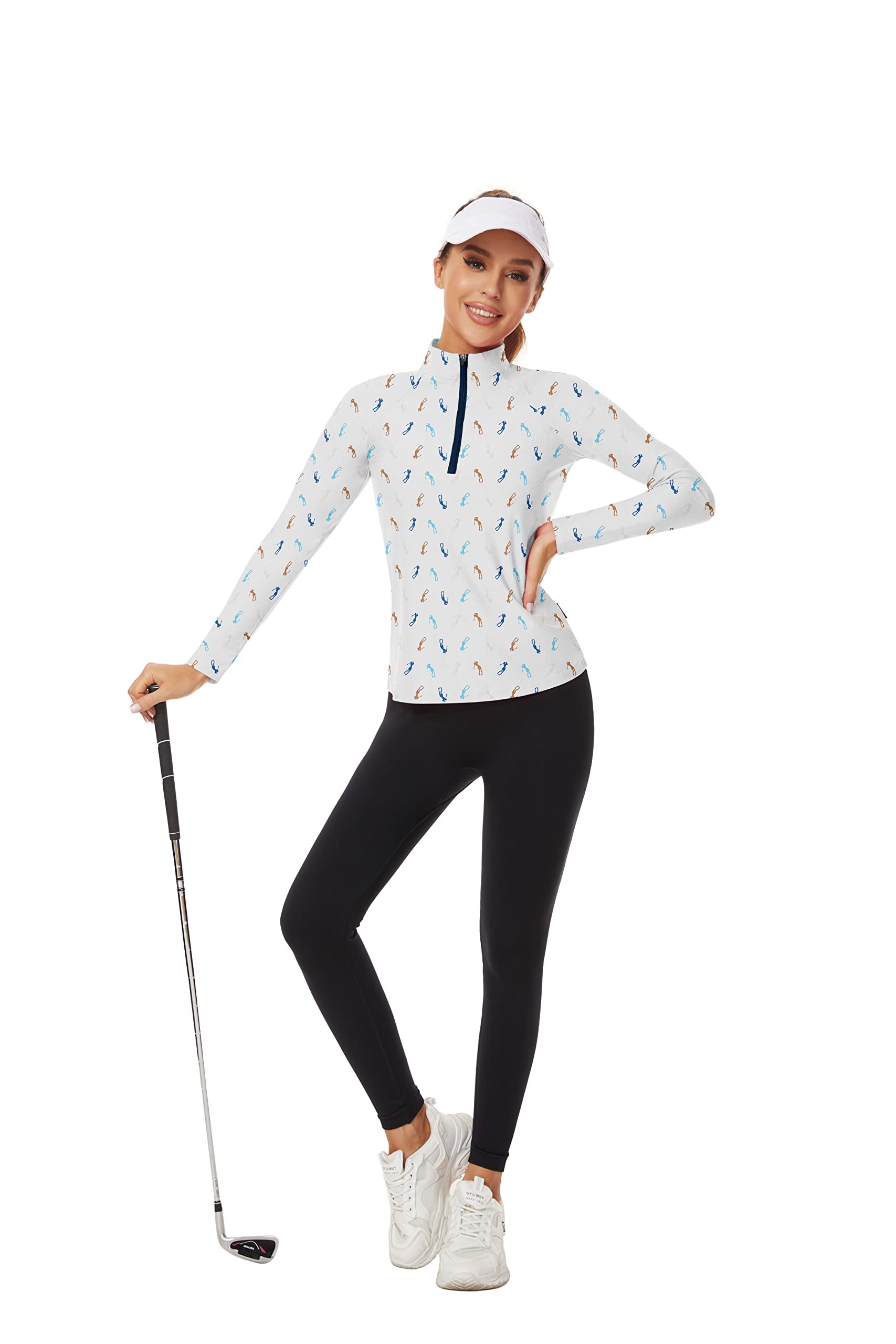 Women's Golf Shirt Long Sleeve 1/4 Zip Pullover Tennis Shirts Running Hiking Outdoor Tops (Print White, S)