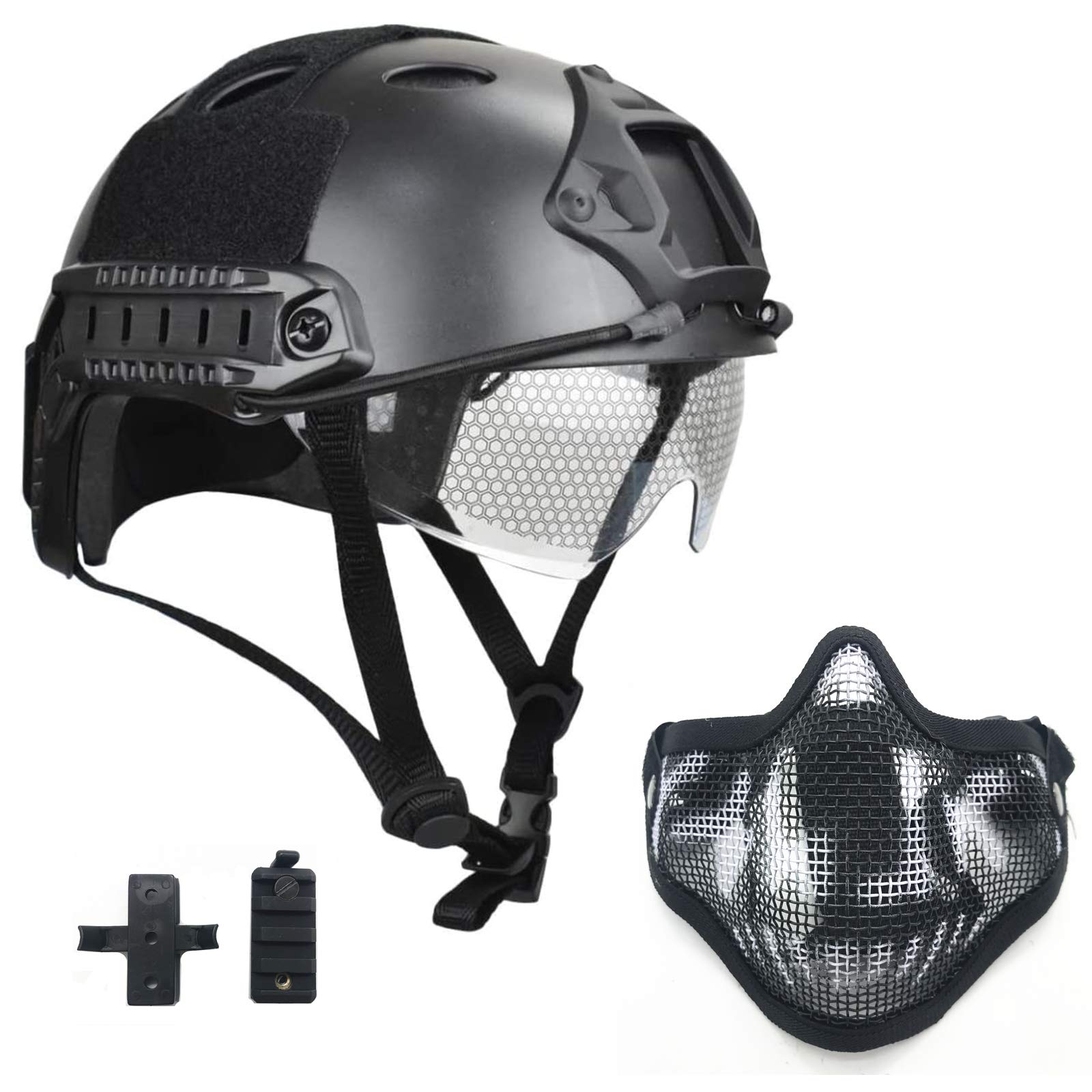 Willbebest PJ Type Airsoft Tactical Multifunctional Fast Helmet with Visor Goggles Version Black, Comes with a Half Face Metal Mesh Airsoft Mask