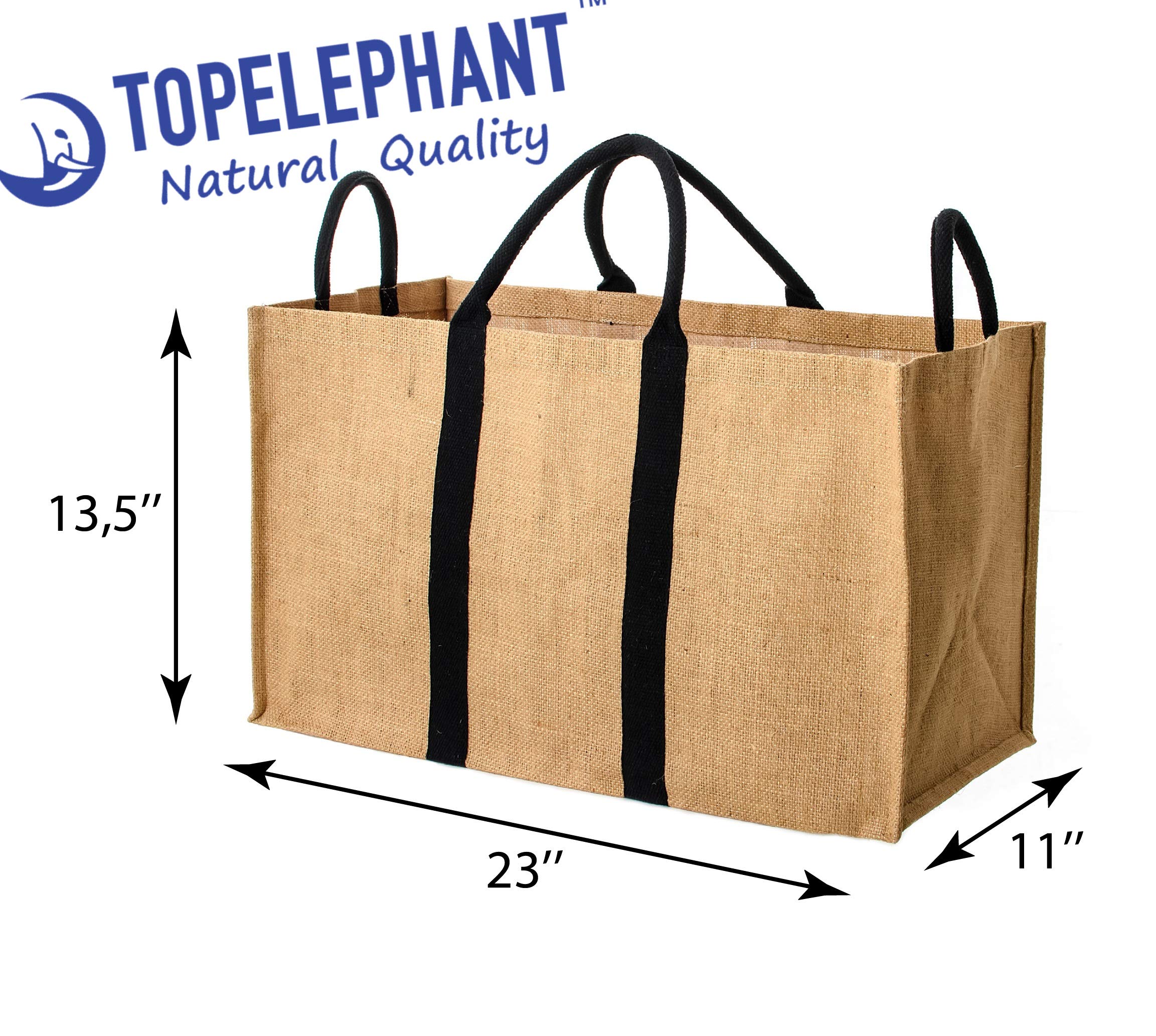 TOPELEPHANT Natural Jute Utility Storage Tote Bag With Four Handles Black Straps | Heavy Duty | Extra Large | 23’’L, 11’W, 13,5’’H’ Style-2