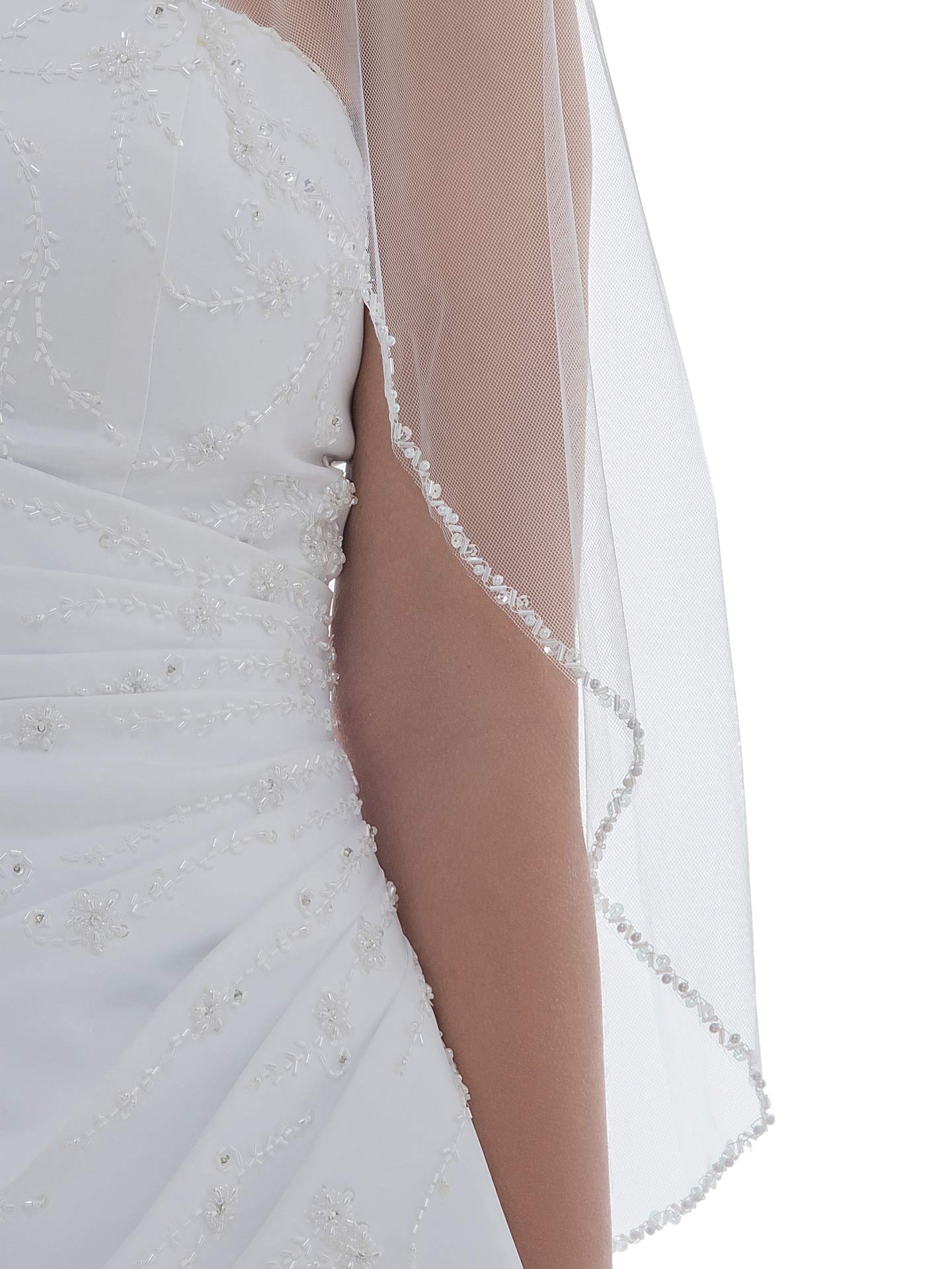 SAMKY 1T 1 Tier Crystal Pearl Beaded Edge Bridal Wedding Veil - Light Ivory Fingertip Length 36" V576