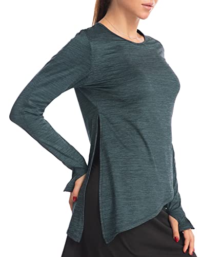 Women Running Shirts Yoga Top Long Sleeve Workout Tee with Thumb Holes Quick Dry Sweatshirt Activewear Tops Side Slit Black M