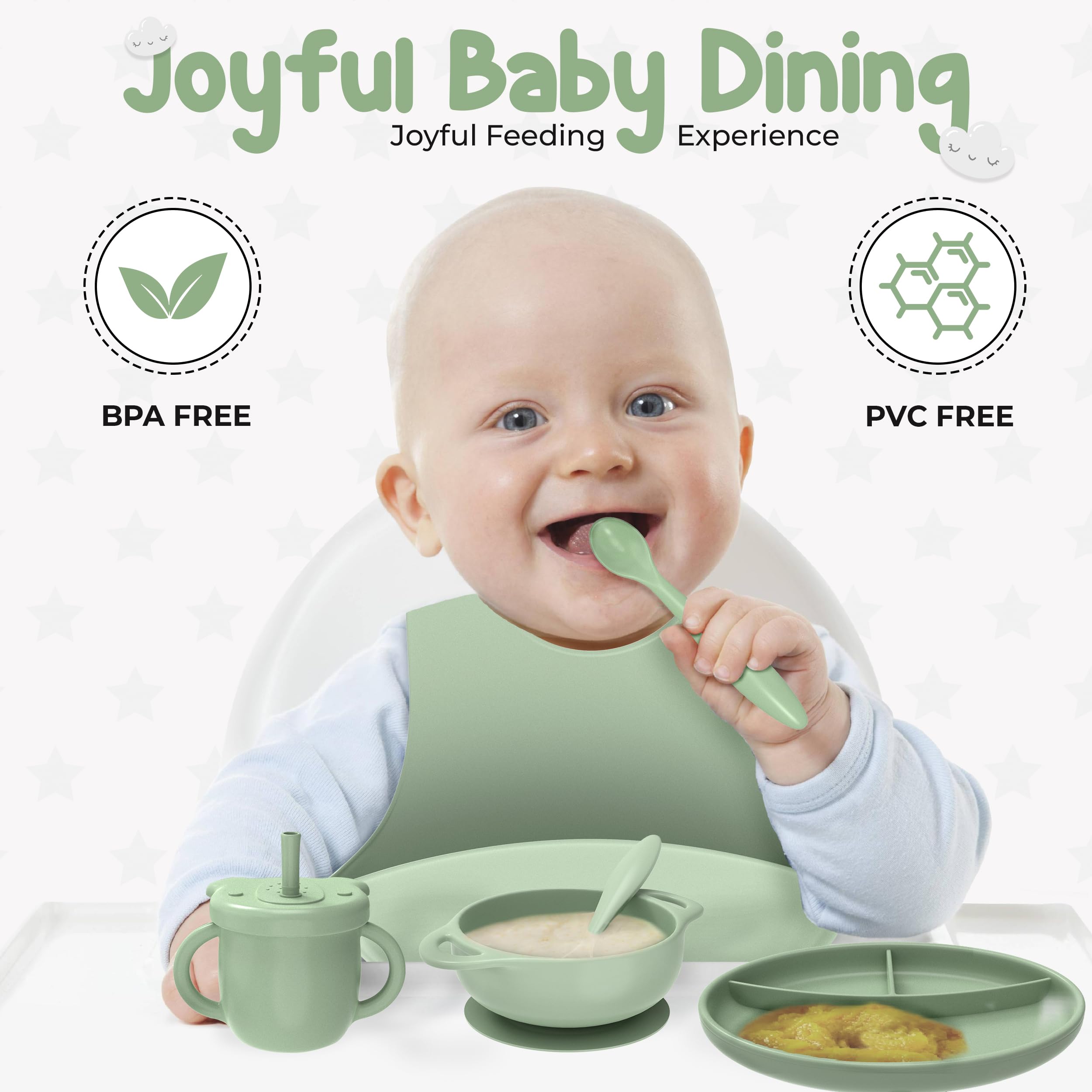 WANDA KIDZ Silicone Baby Feeding Set - Baby Led Weaning Supplies - 6PC Self Feeding Baby Utensils; Suction Plate, Bowl, Bib, Cup, Spoon, Fork - First Stage Baby Eating Essentials - 4+ Months - Blue