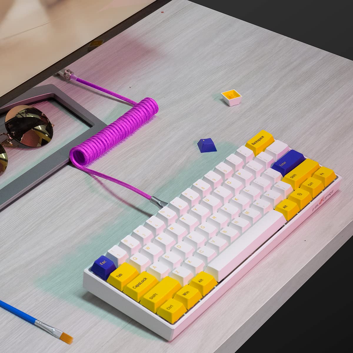 VELOCIFIRE Custom Coiled Aviator Cable, USB C Cables Nylon Braid Gaming Keyboard Cables Customized Double-Sleeved Keyboard Cables(Magenta)