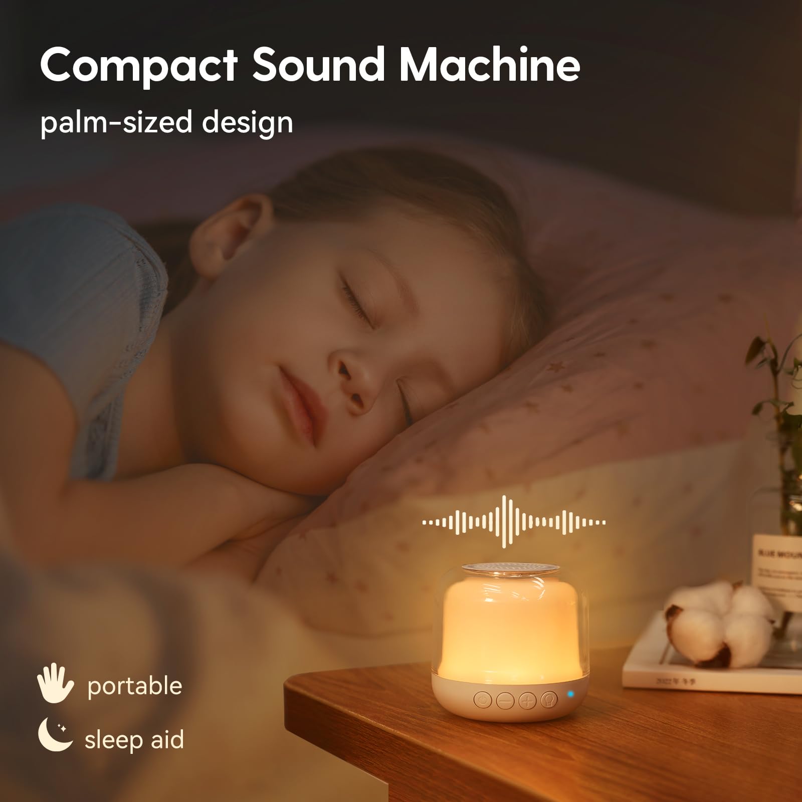 Travel Sound Machine with Night Light, Babelio Palm-Sized Portable White Noise Machine for Adults Kids Baby Sleeping | Multi Lighting Modes | 15 Soothing Sounds | Brightness | Timer (White)