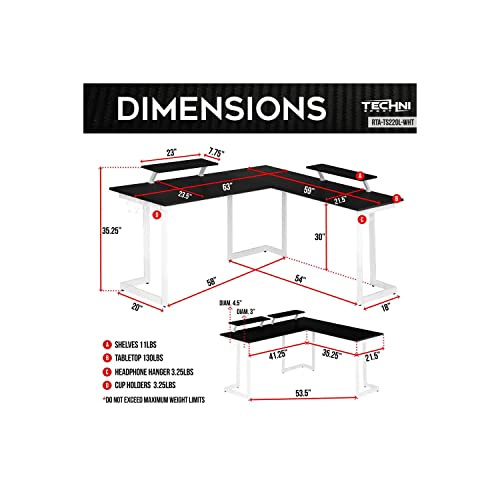 Techni Sport Warrior L-Shaped Gaming Desk with MDF Panel, Computer Desk with Scratch Rust Resistance Steel Frame, White