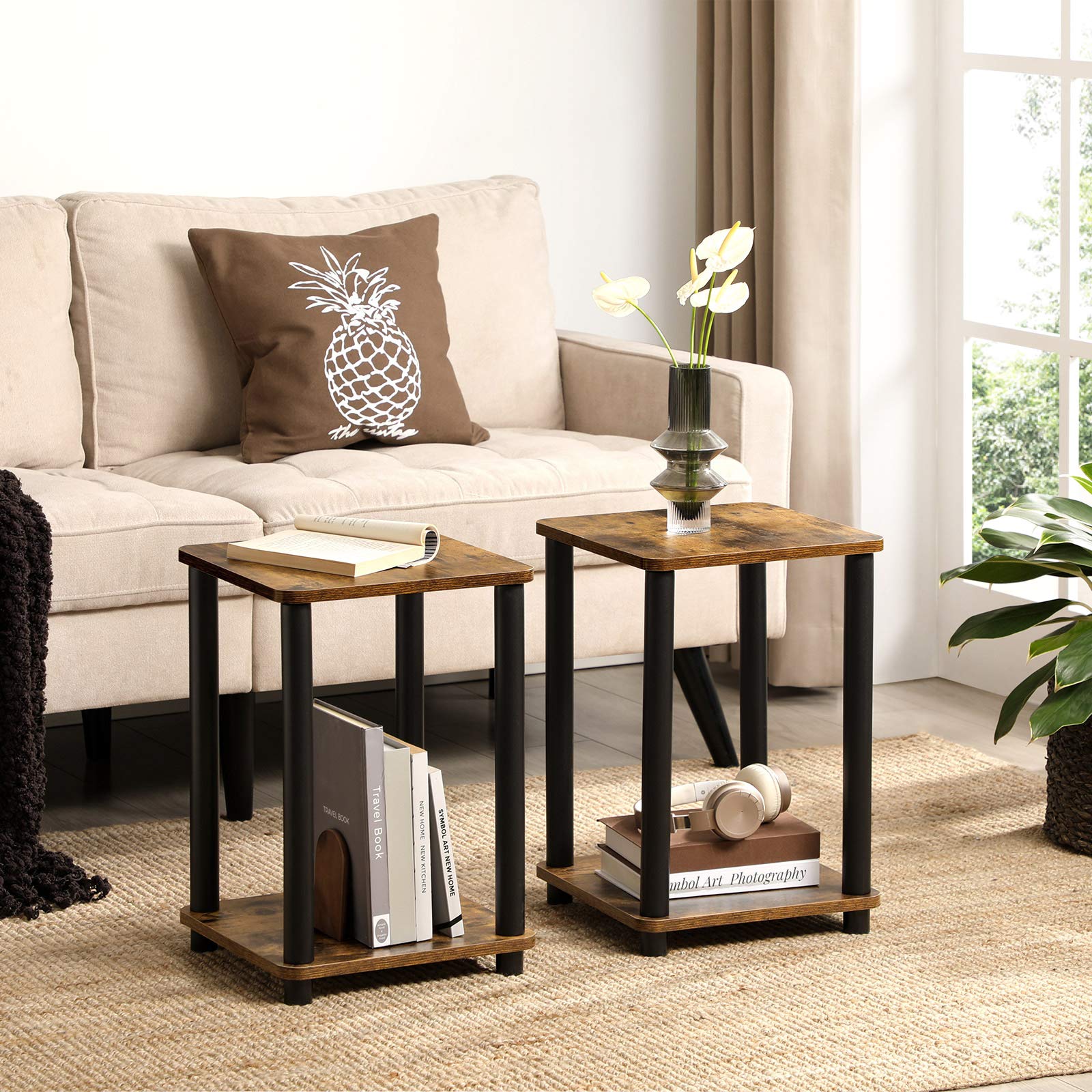 VASAGLE End Table, 2-Tier Side Table, Nightstand with Storage Shelf, Stable, for Living Room, Bedroom, Office, 13.4 x 13.4 x 19.7 Inches, Rustic Brown and Black ULET180X01